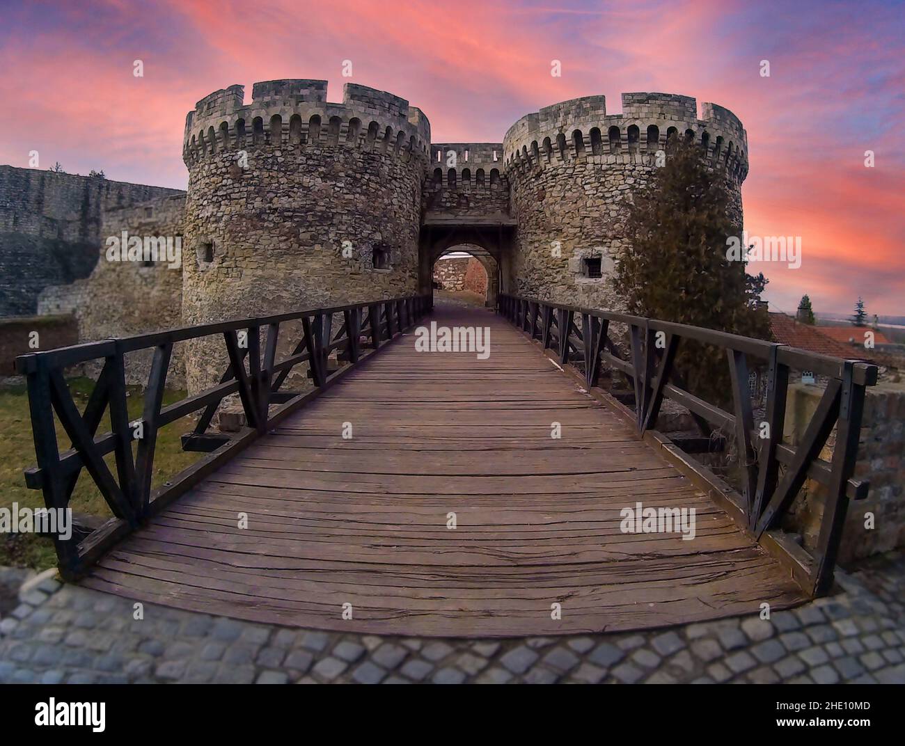 Panoramic view of the bridge, gate and way for starting the journey ...