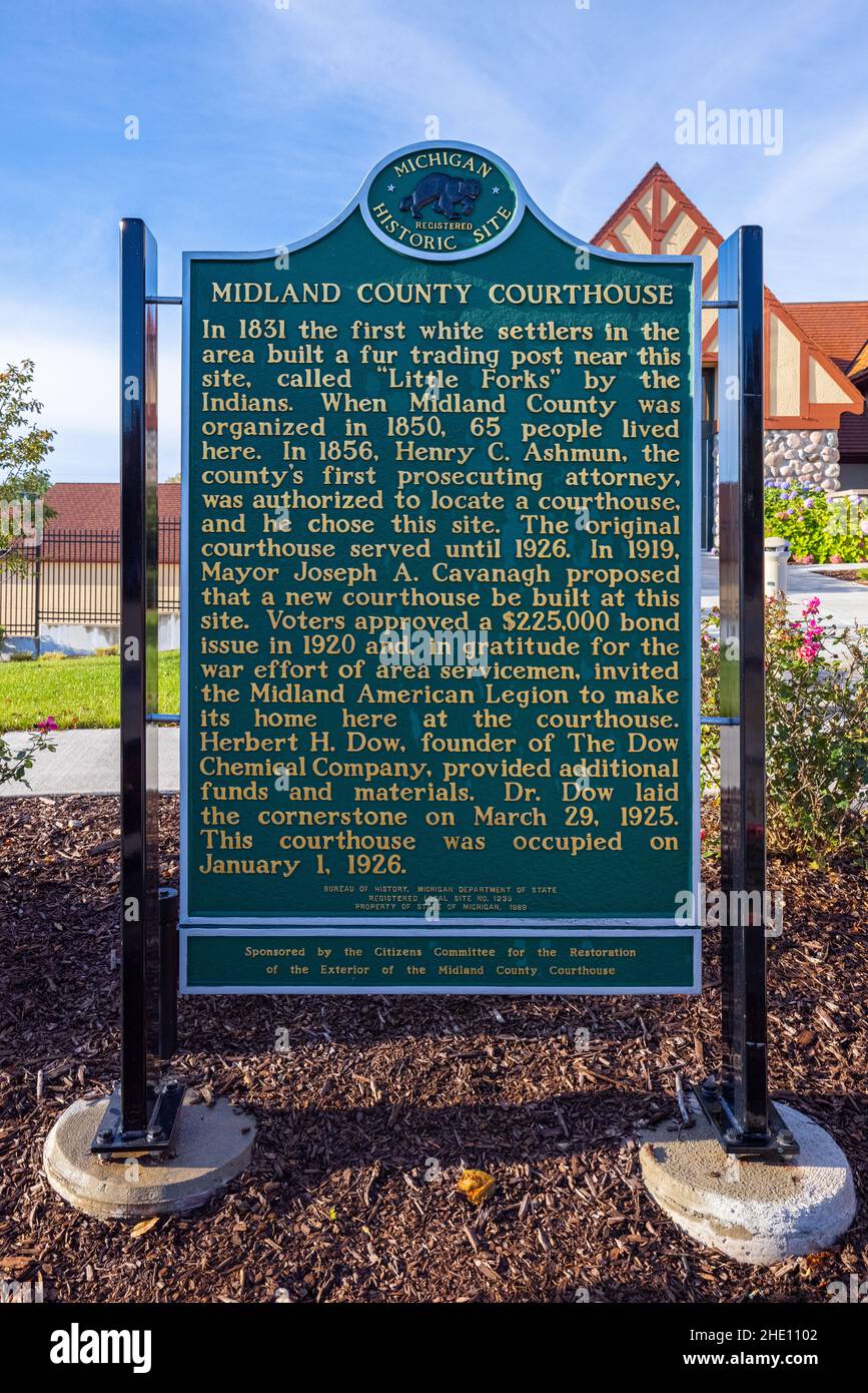 Midland, Michigan, USA - October 24, 2021: Plaque tells the history of ...