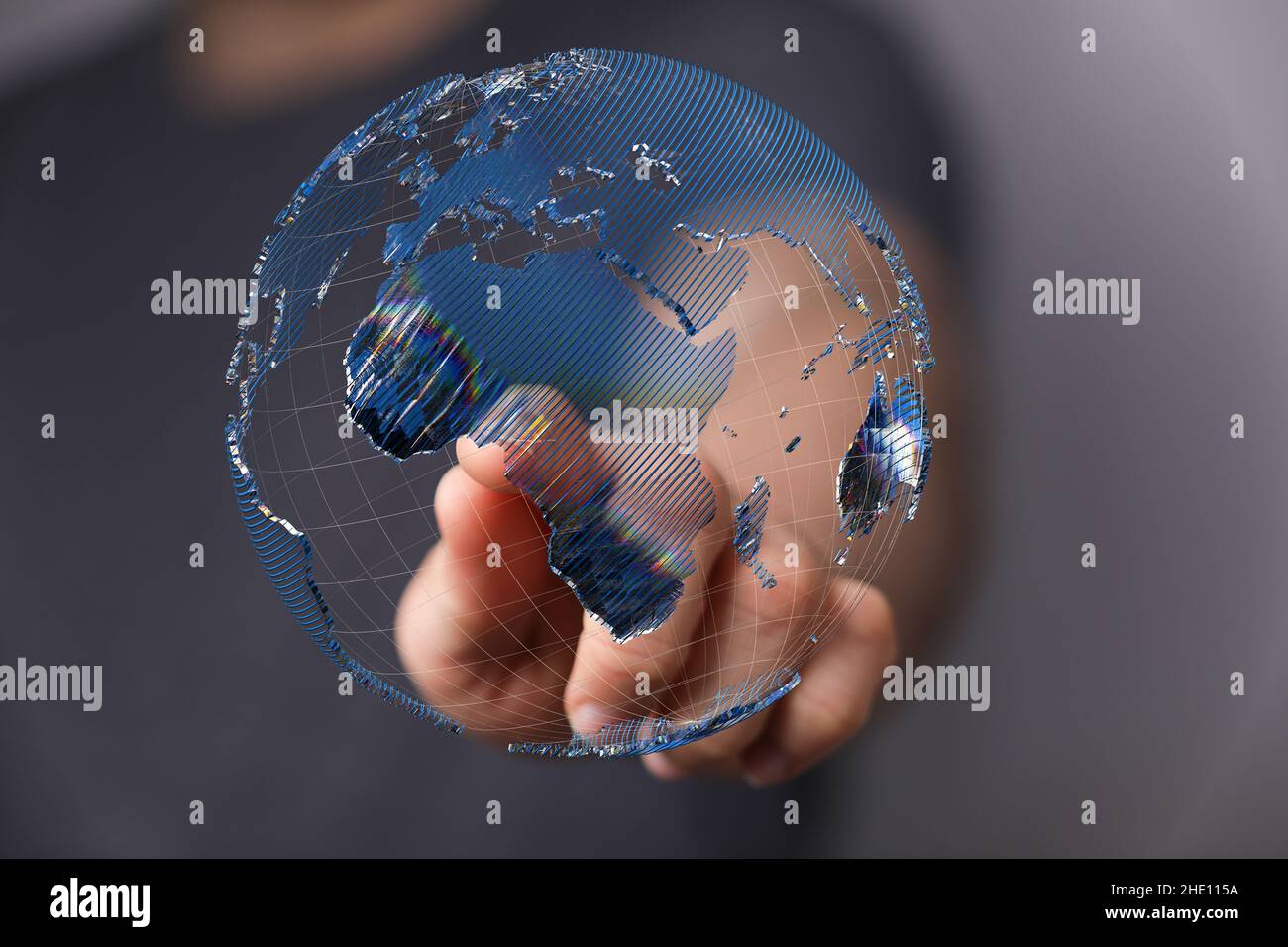 Male's hands holding an illustration of global network concept Stock ...