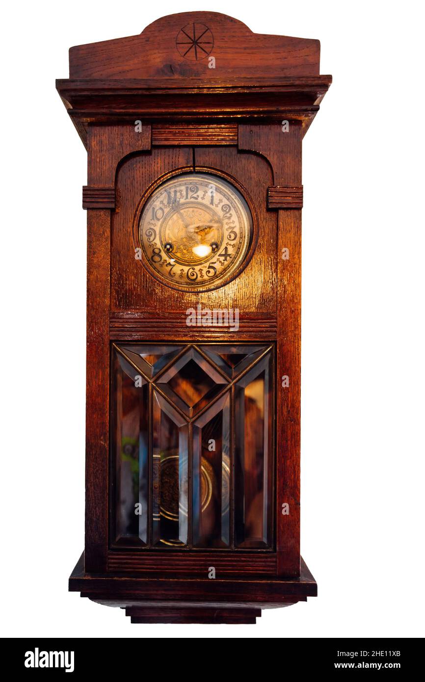 Old vintage antique carved wooden retro clock on white background Stock ...