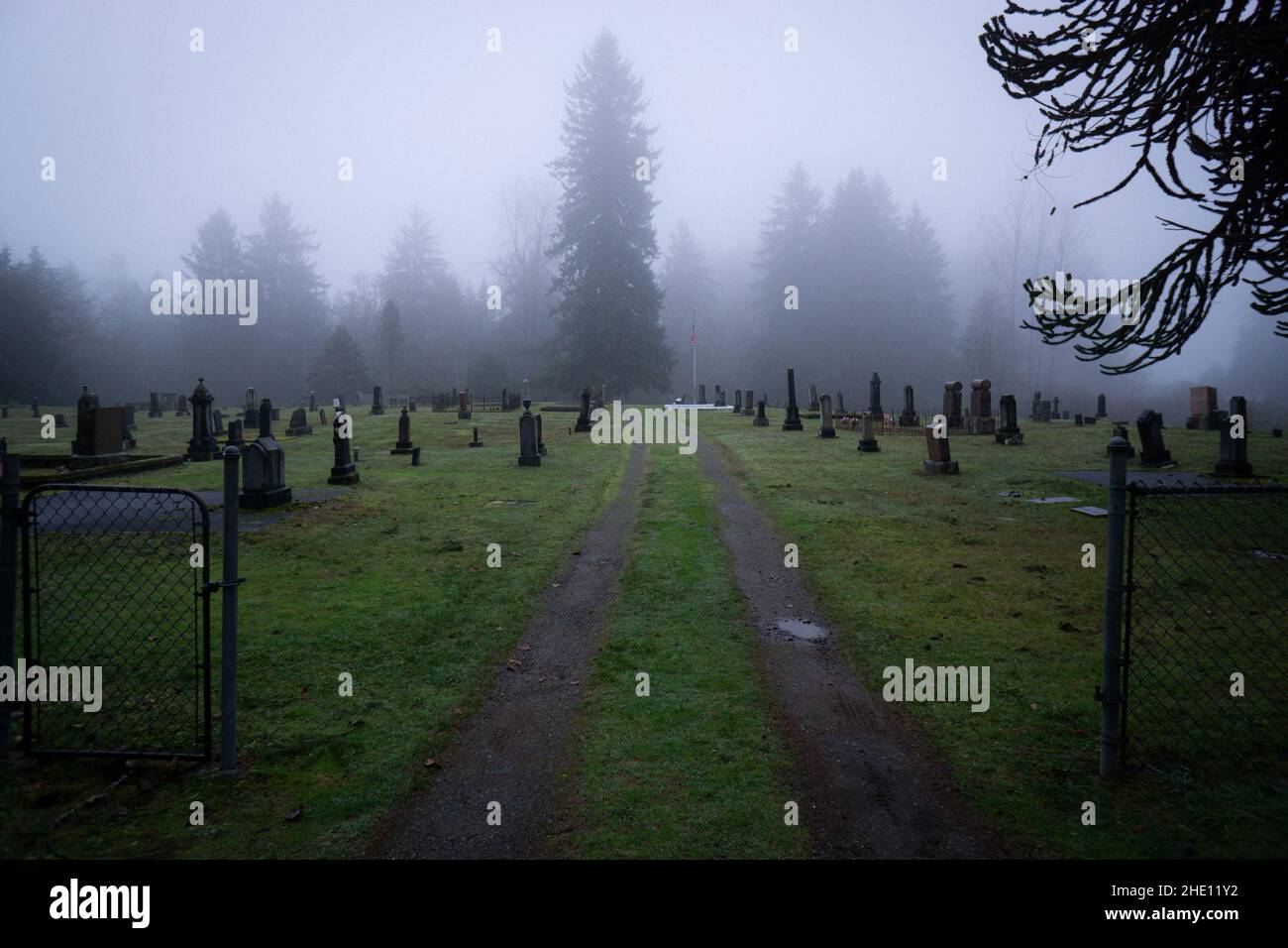 Spooky dark mist hangs over an old cemetery in Black Diamond, WA Stock ...
