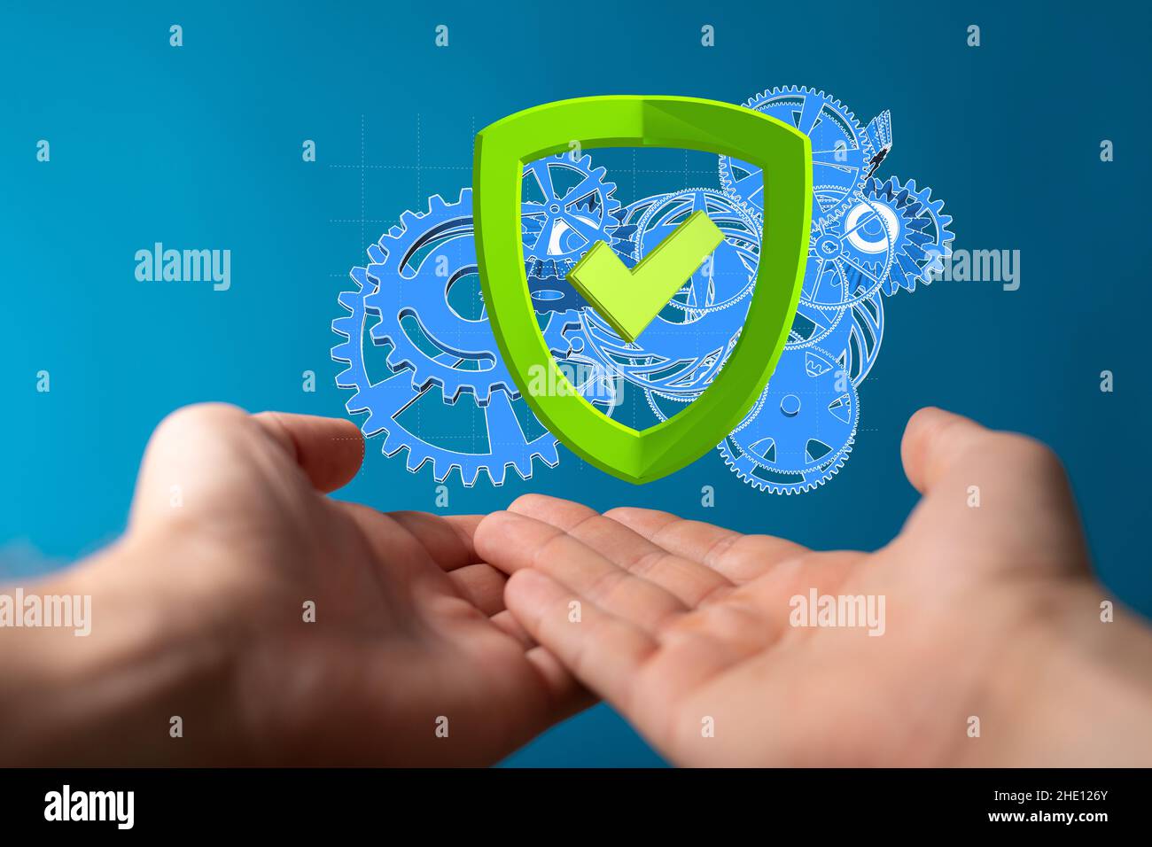 Hands holding an illustration of mechanism green gears and cogs at work ...