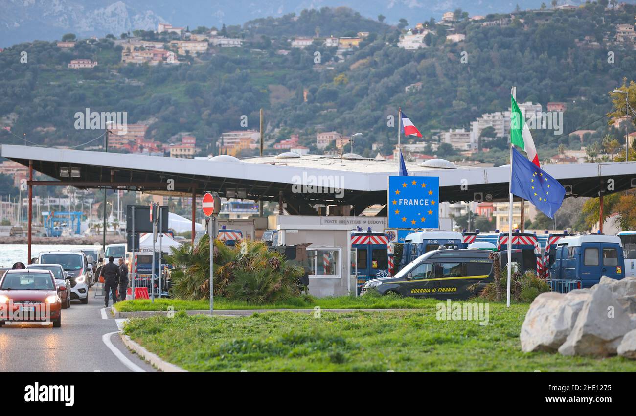 Menton, France - January 7, 2022: French-Italian border, French Police ...