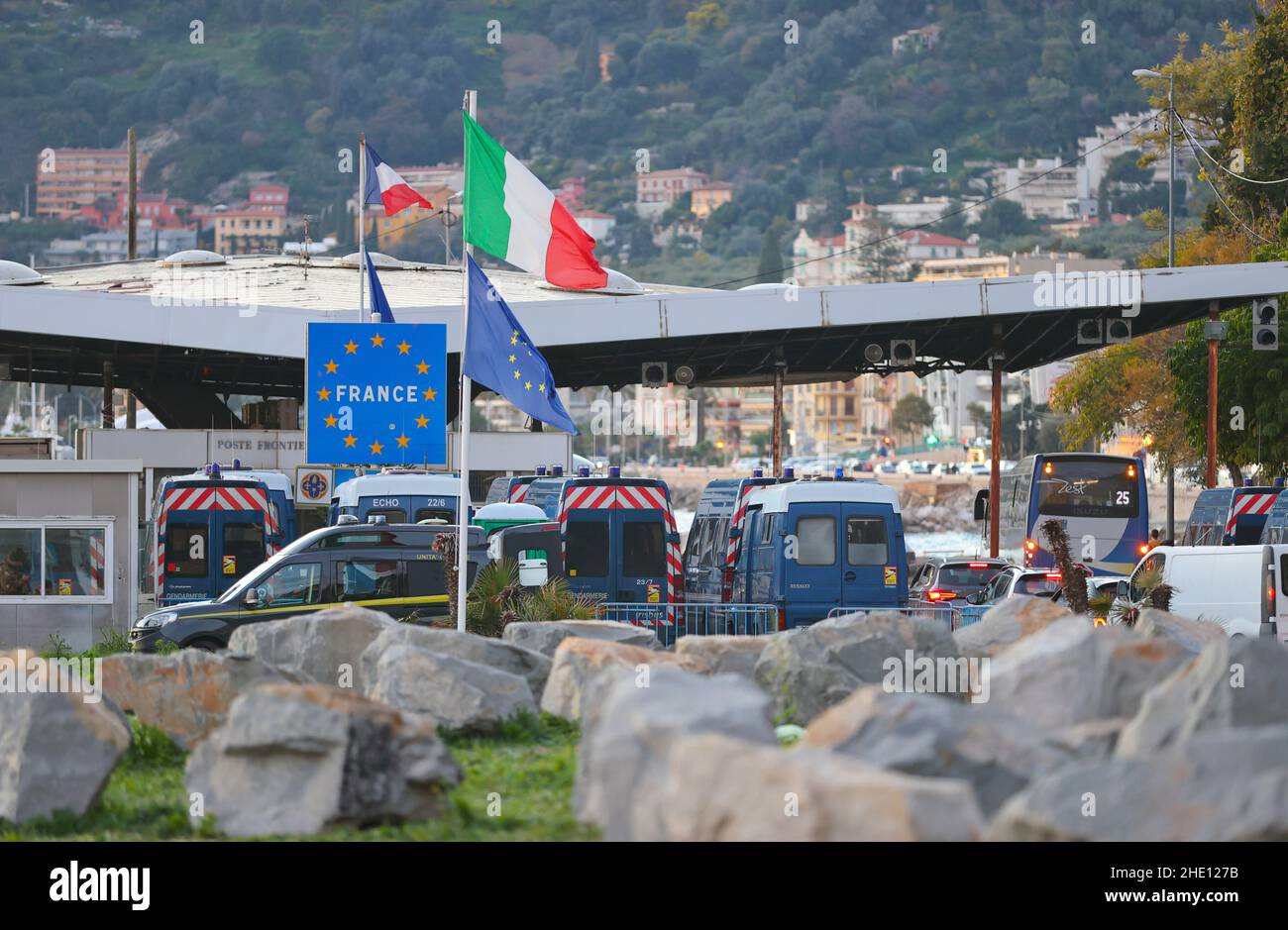 Menton, France - January 7, 2022: French-Italian border, French Police ...