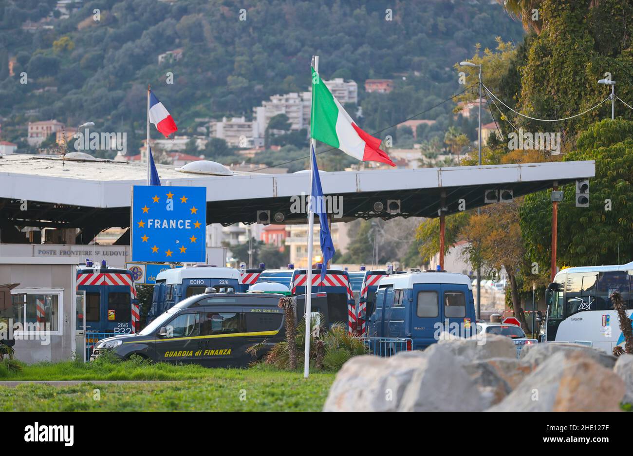 Menton, France - January 7, 2022: French-Italian border, French Police ...