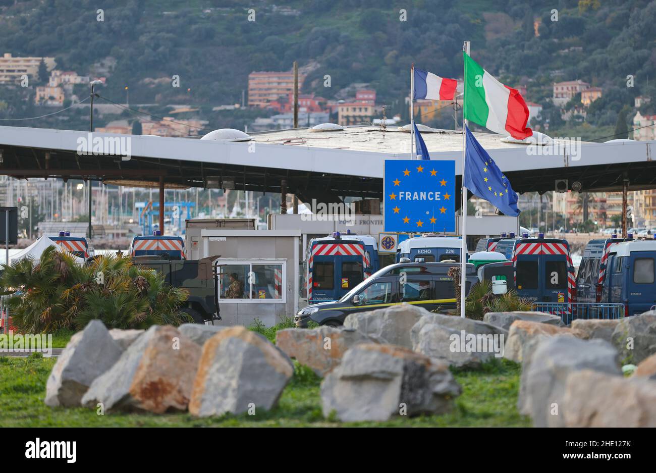 Menton, France - January 7, 2022: French-Italian border, French Police ...
