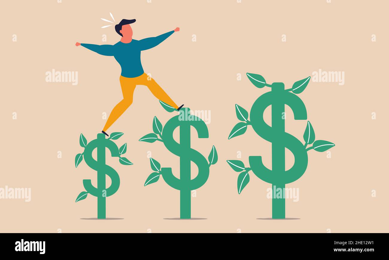 Business dollar bonus to people budget. A man walks on a dollar sprout ...