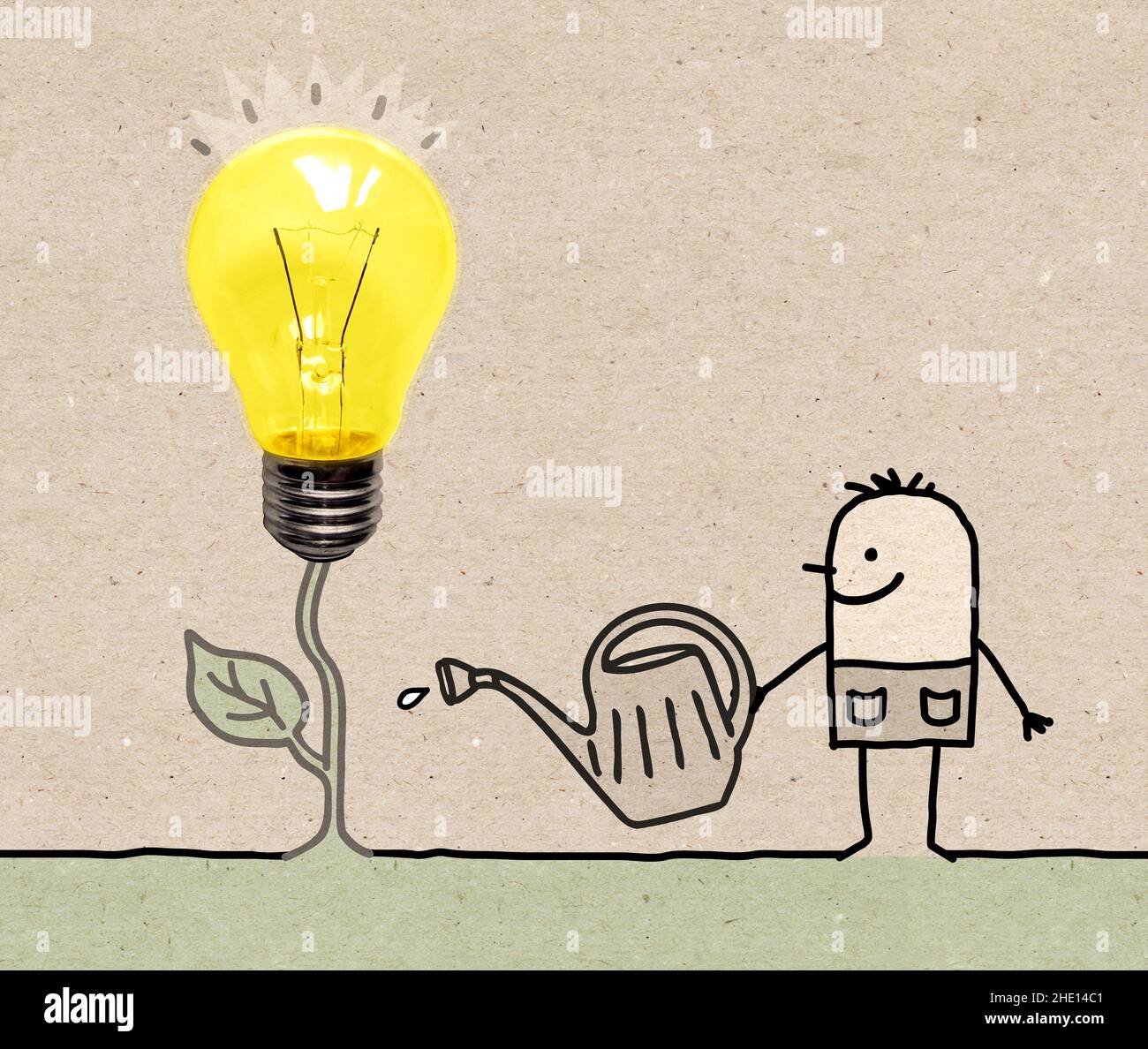 Hand drawn Cartoon gardener Watering a Fresh new Light Bulb Stock Photo ...