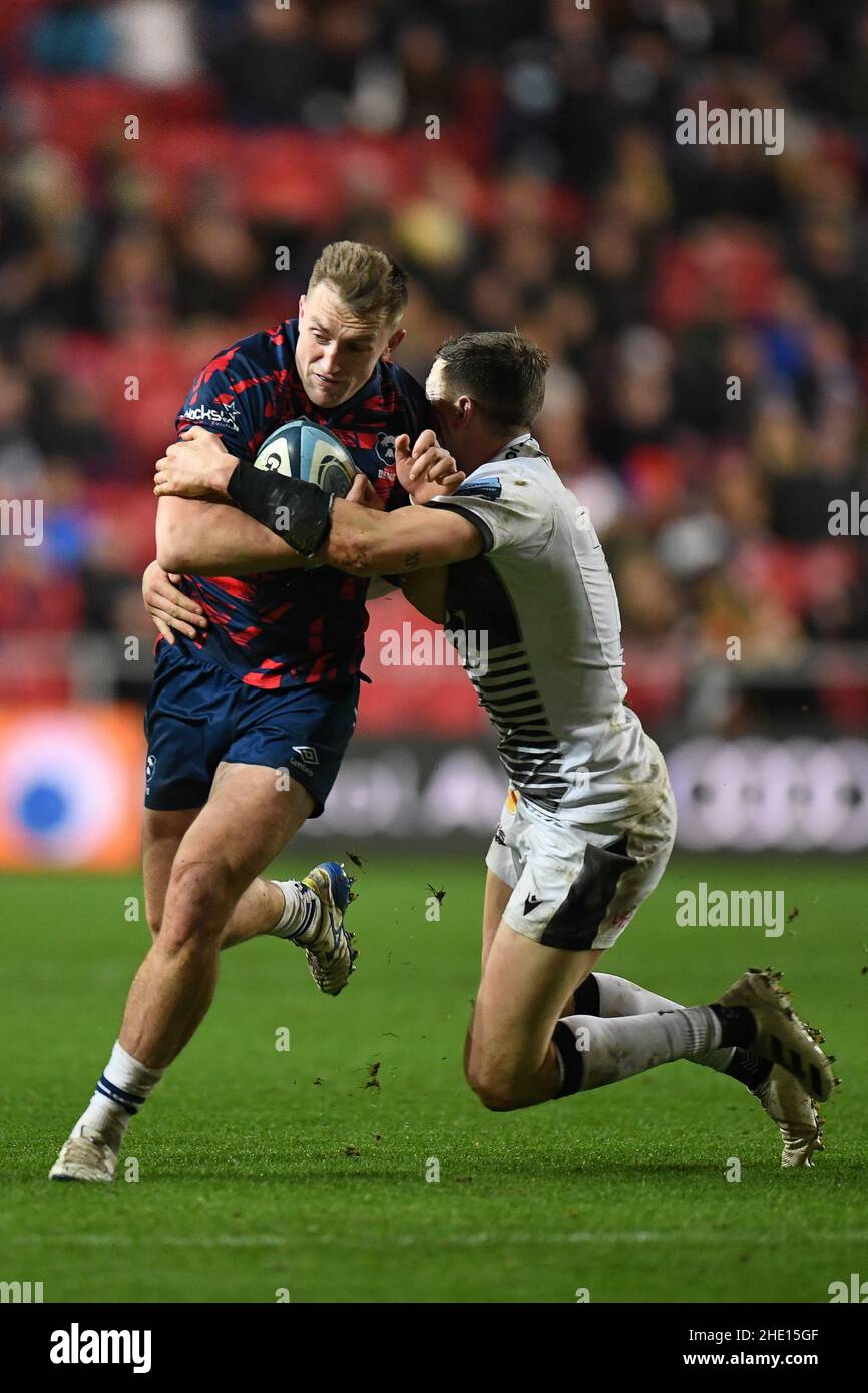 Sam Bedlow of Bristol Bears, takes on the Sale Sharks defense Stock ...