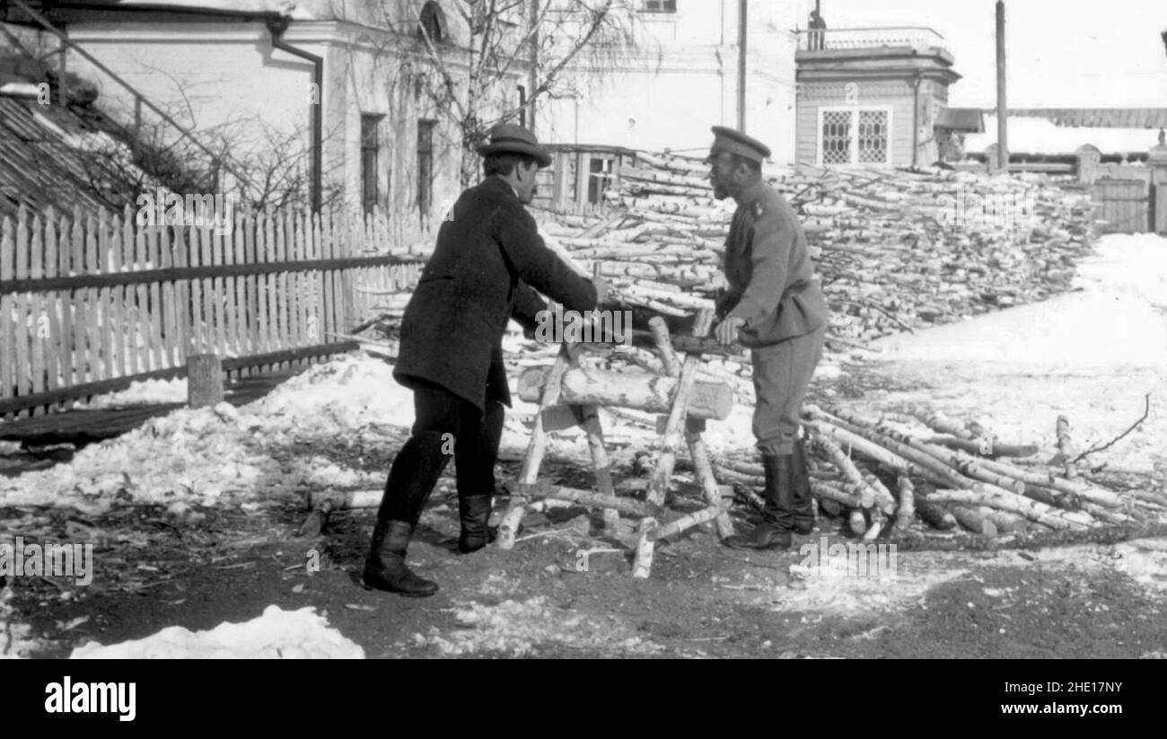 Tsar Nicholas II sawing logs while in exile at Alexander Palace ...