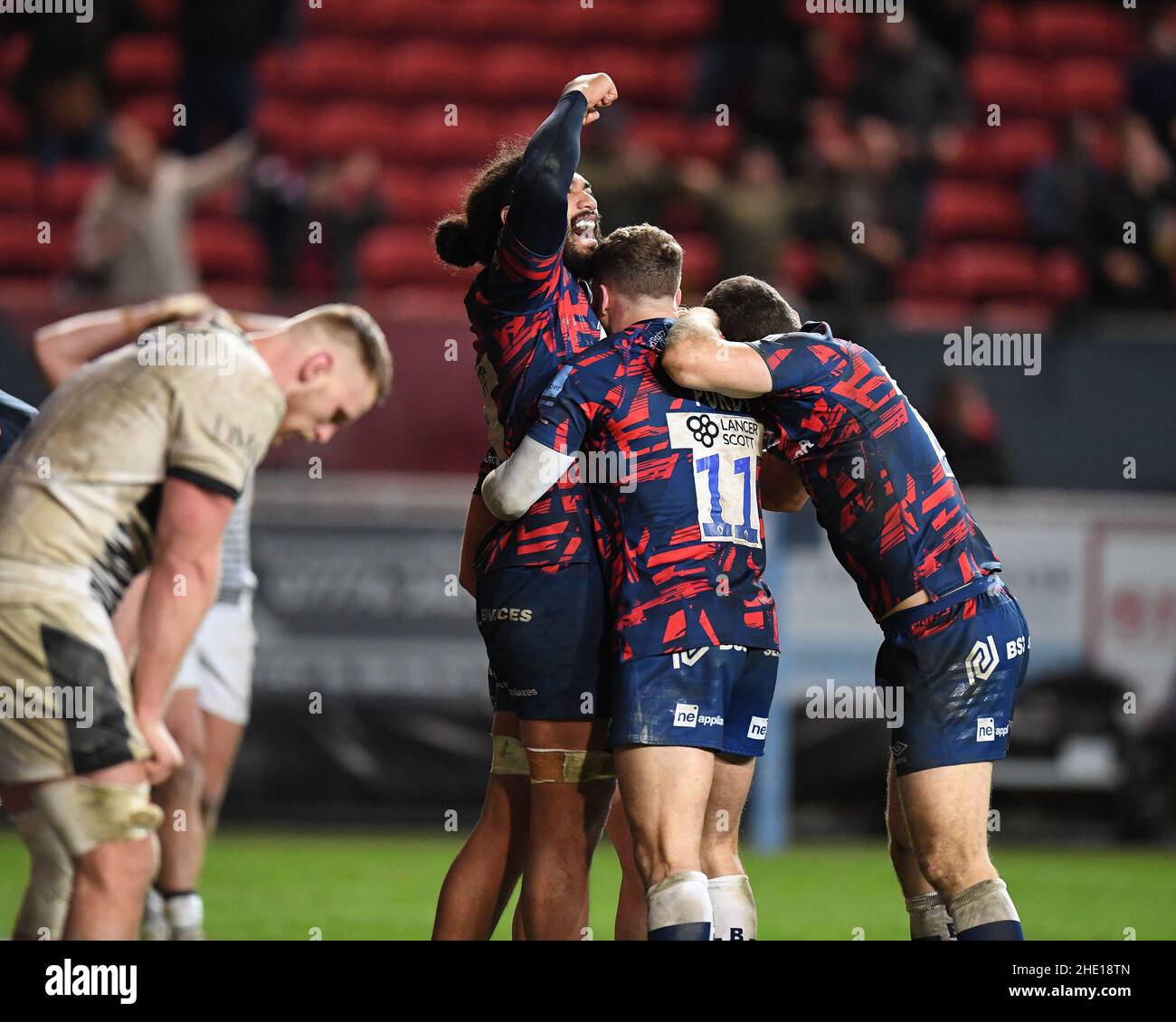 Andy Uren of Bristol Bears, celebrates with Chris Vui and Henry Purdy ...