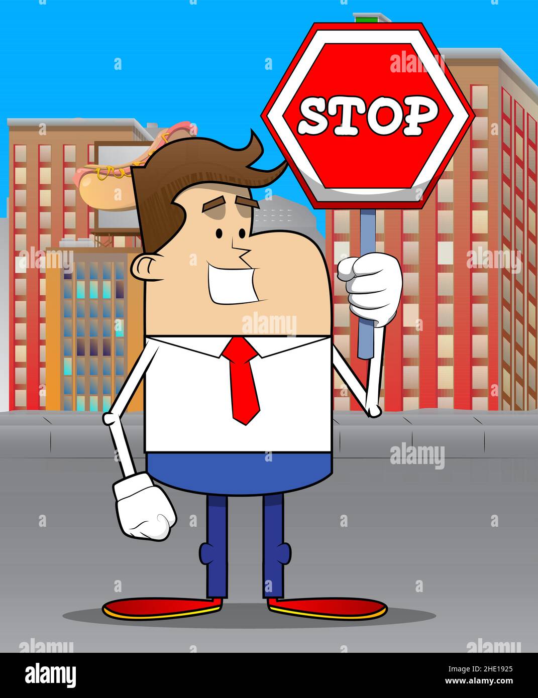 Simple retro cartoon of a businessman holding a stop sign. Professional ...