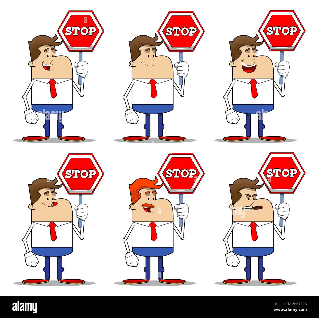 Simple retro cartoon of a businessman holding a stop sign. Professional ...