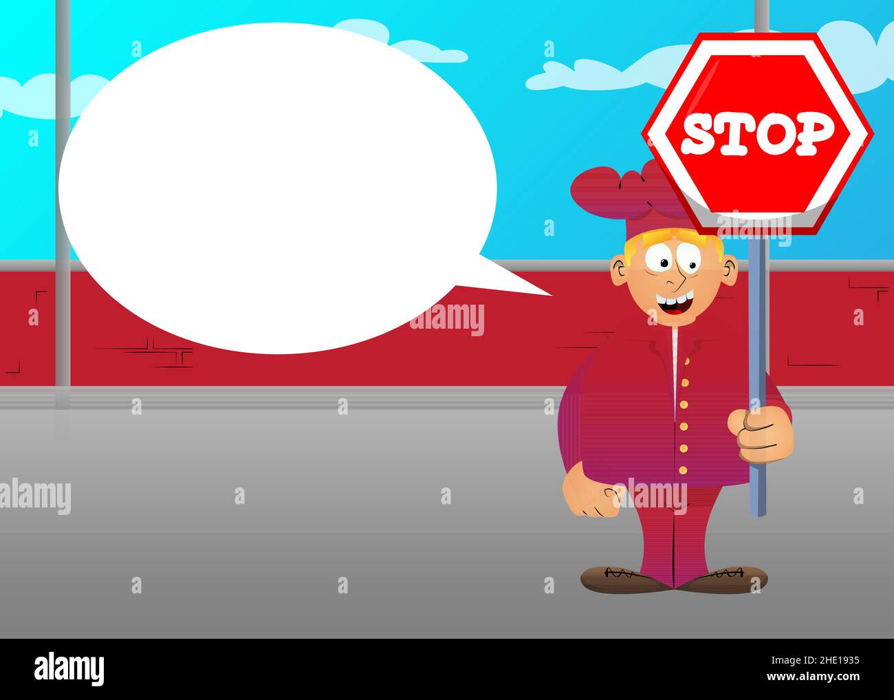 Fat male cartoon chef in uniform holding a stop sign. Vector ...