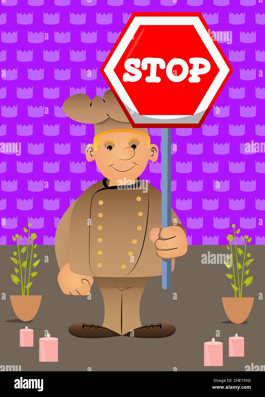 Fat male cartoon chef in uniform holding a stop sign. Vector ...