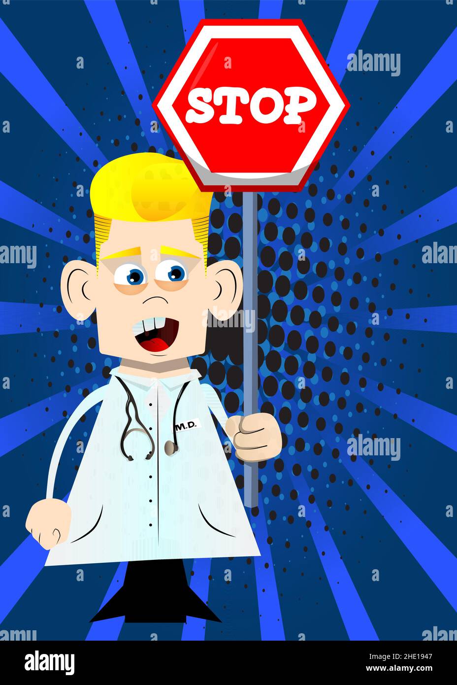 Funny cartoon doctor holding a stop sign. Vector illustration Stock ...