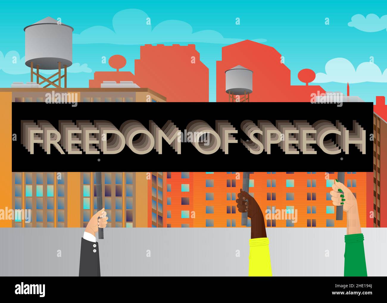 Hand holding banner with Freedom of Speech text. Man showing billboard ...