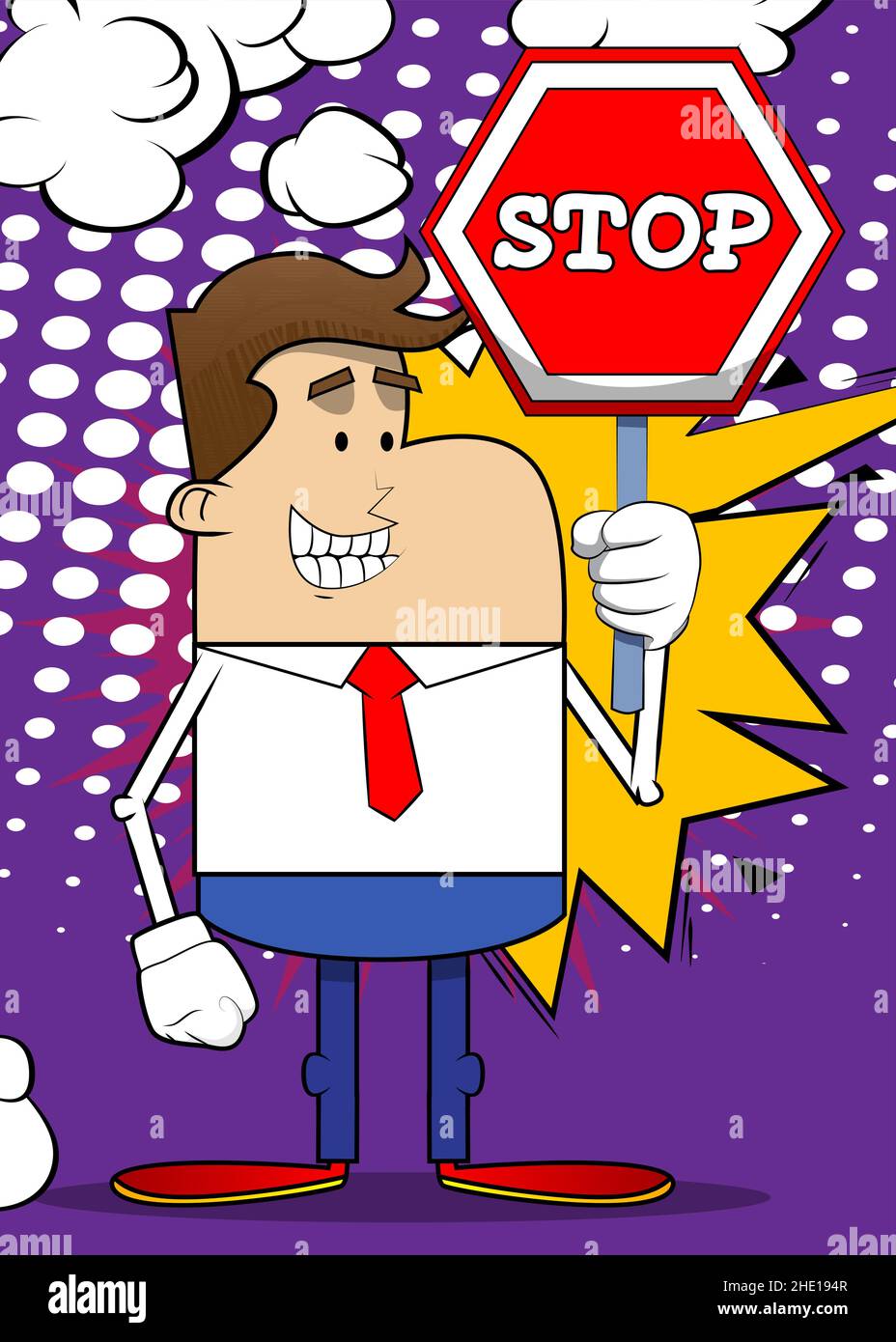 Simple retro cartoon of a businessman holding a stop sign. Professional ...
