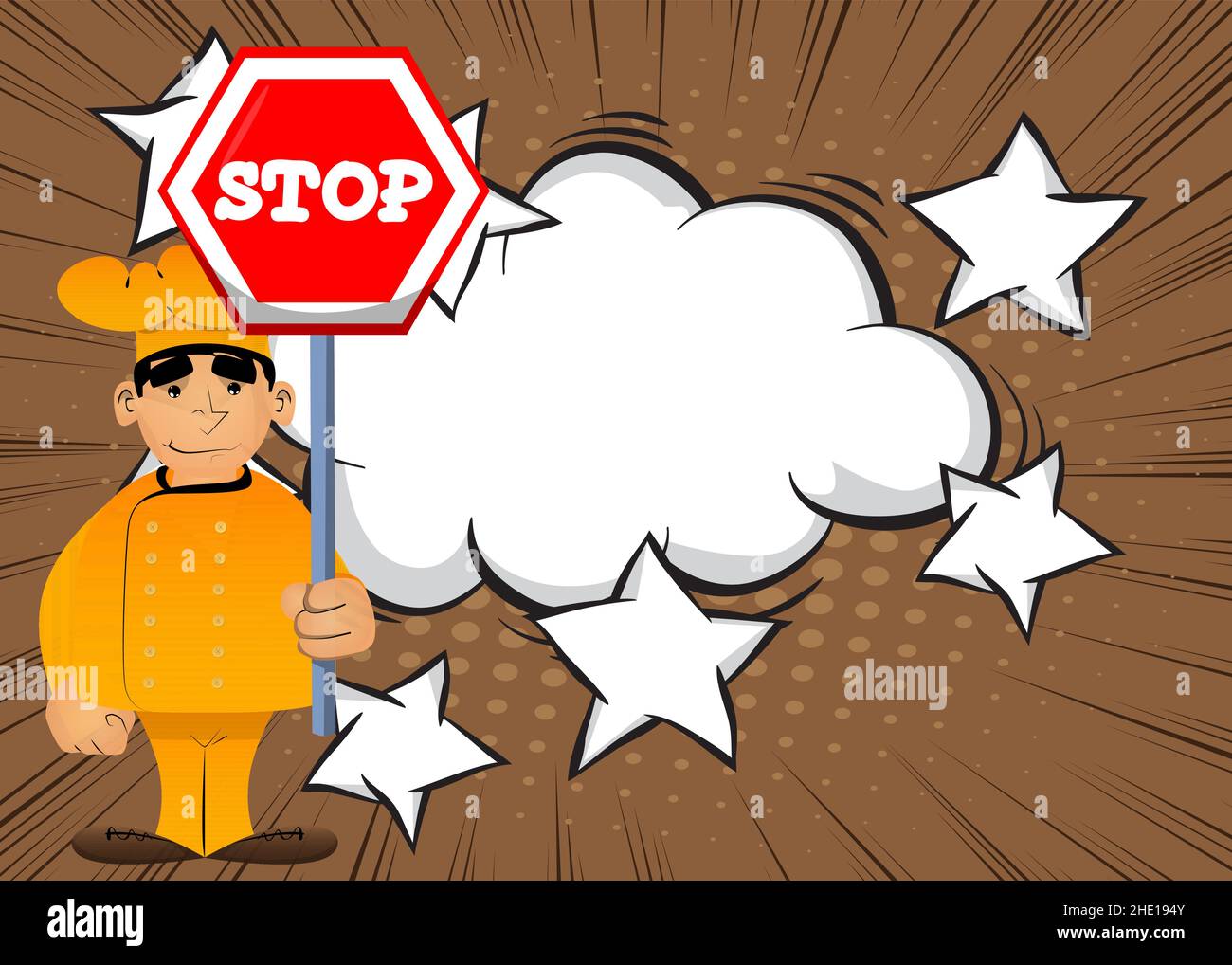 Fat male cartoon chef in uniform holding a stop sign. Vector ...