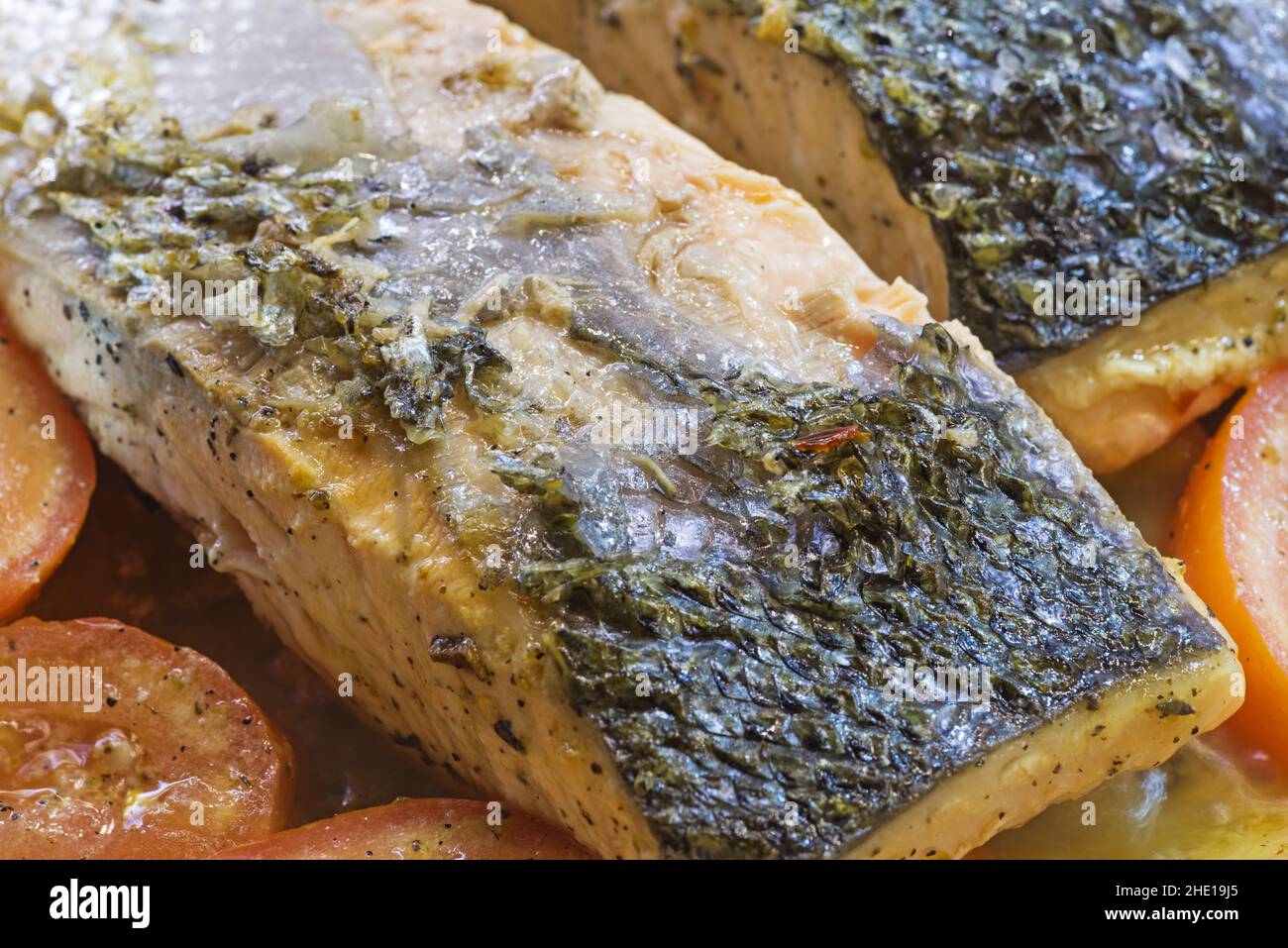 detail of freshly cooked salmon with vegetables Stock Photo - Alamy