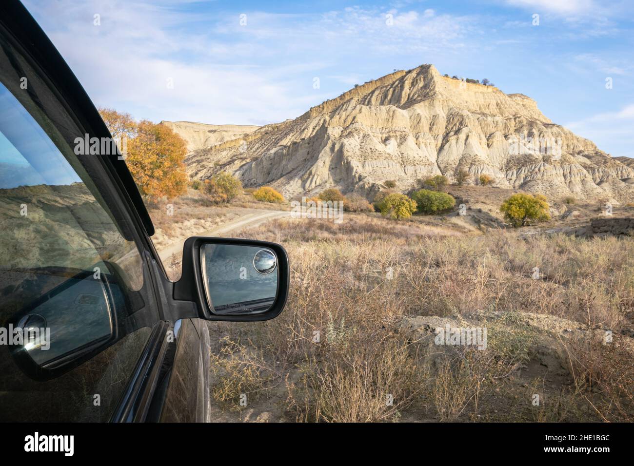 Close up side car view with mirror with beautiful scenery background ...