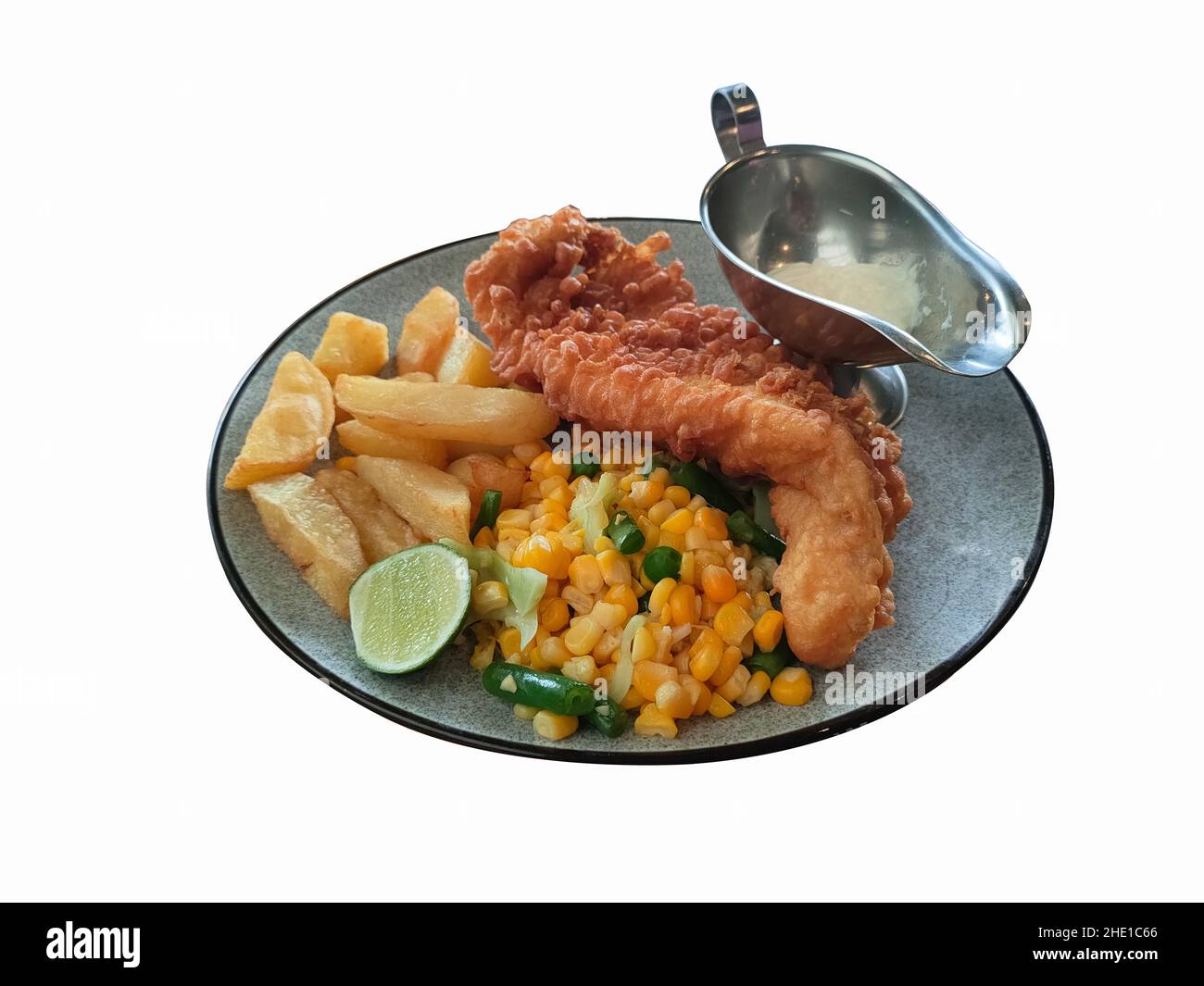 Dory fish steak with french fries on white background Stock Photo - Alamy