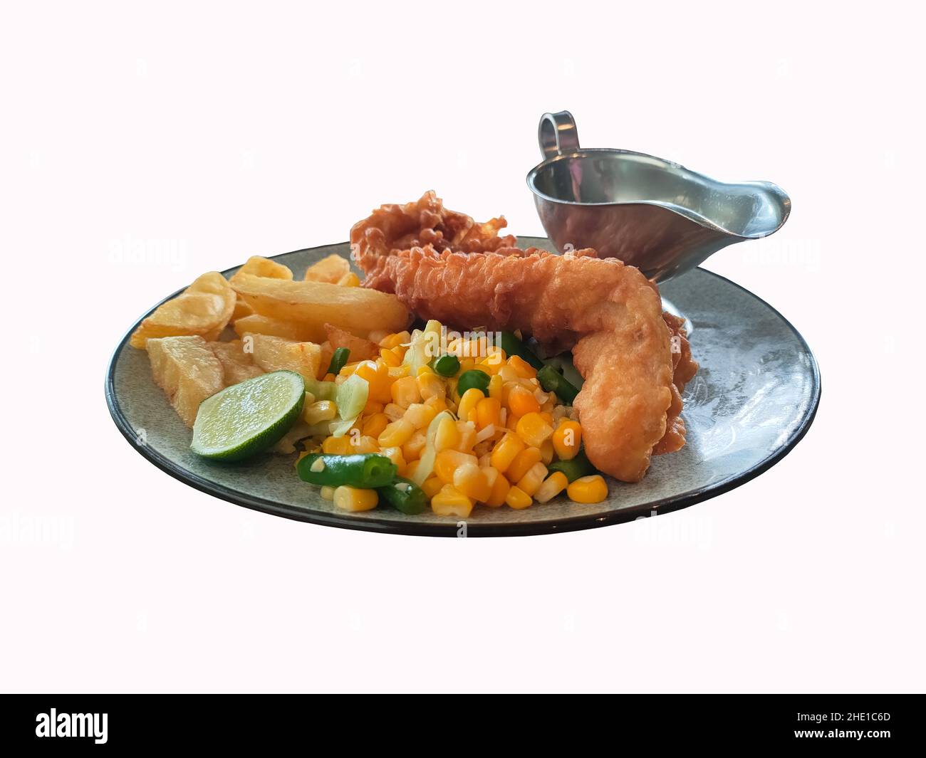 Dory fish steak with french fries on white background Stock Photo - Alamy