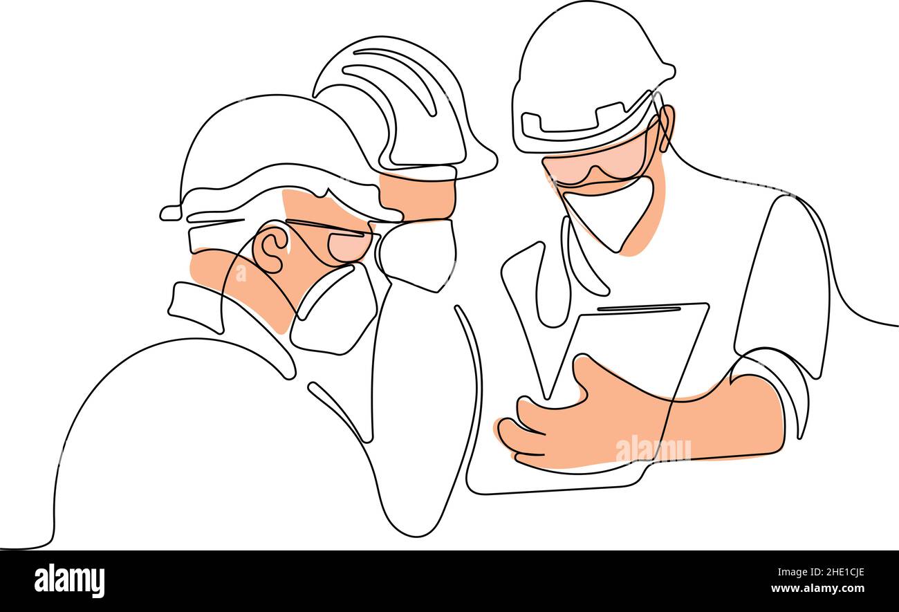 Continuous line drawing of a engineers with tablet Stock Vector Image ...