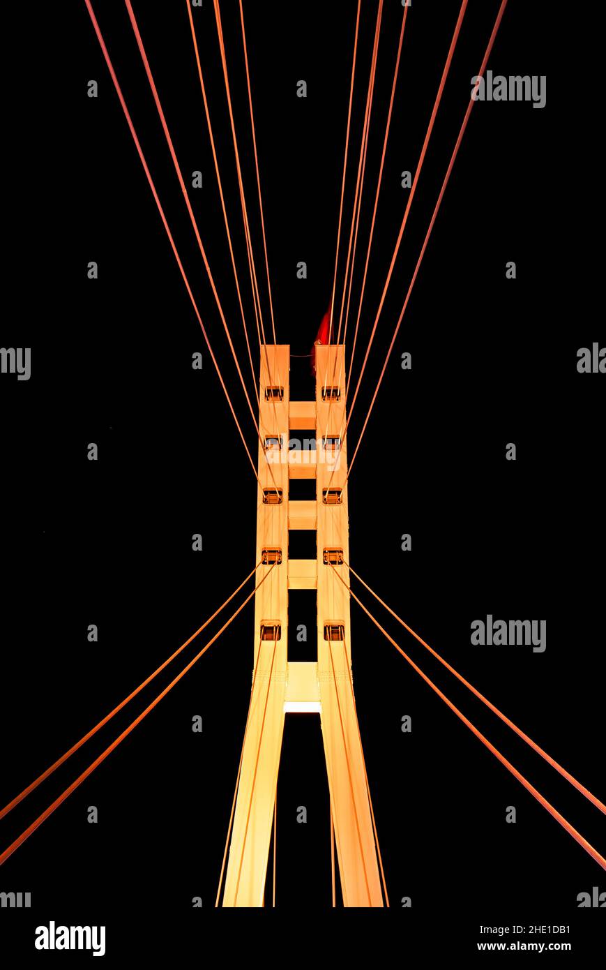 Low-angle closeup view of illuminated pylon of the Bridge of Lovers on ...