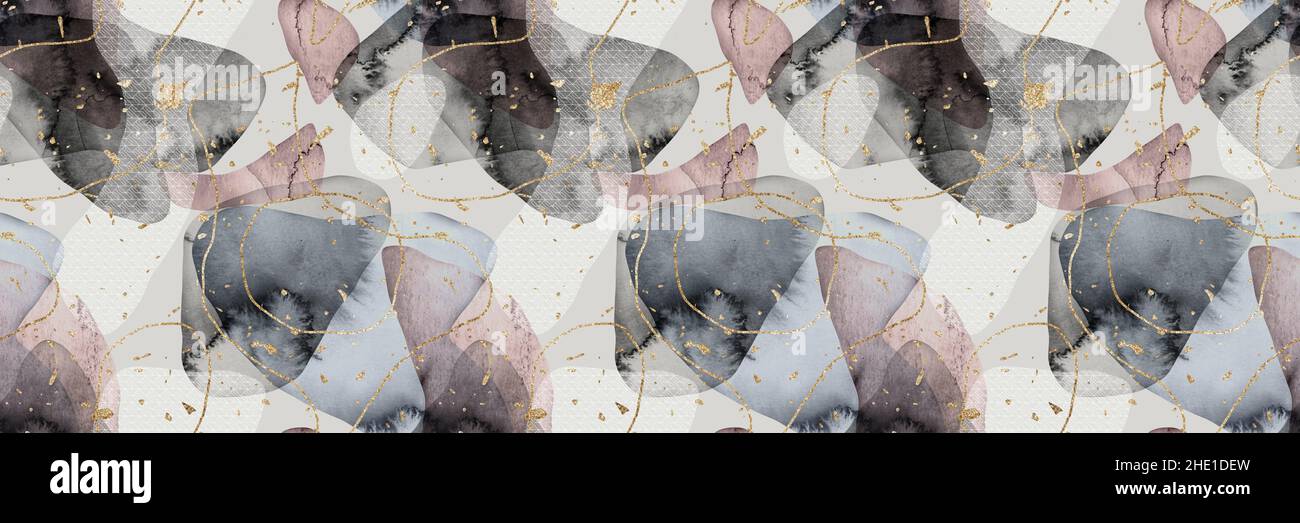 Seamless watercolor abstract organic blob shape overlay w gold lines ...