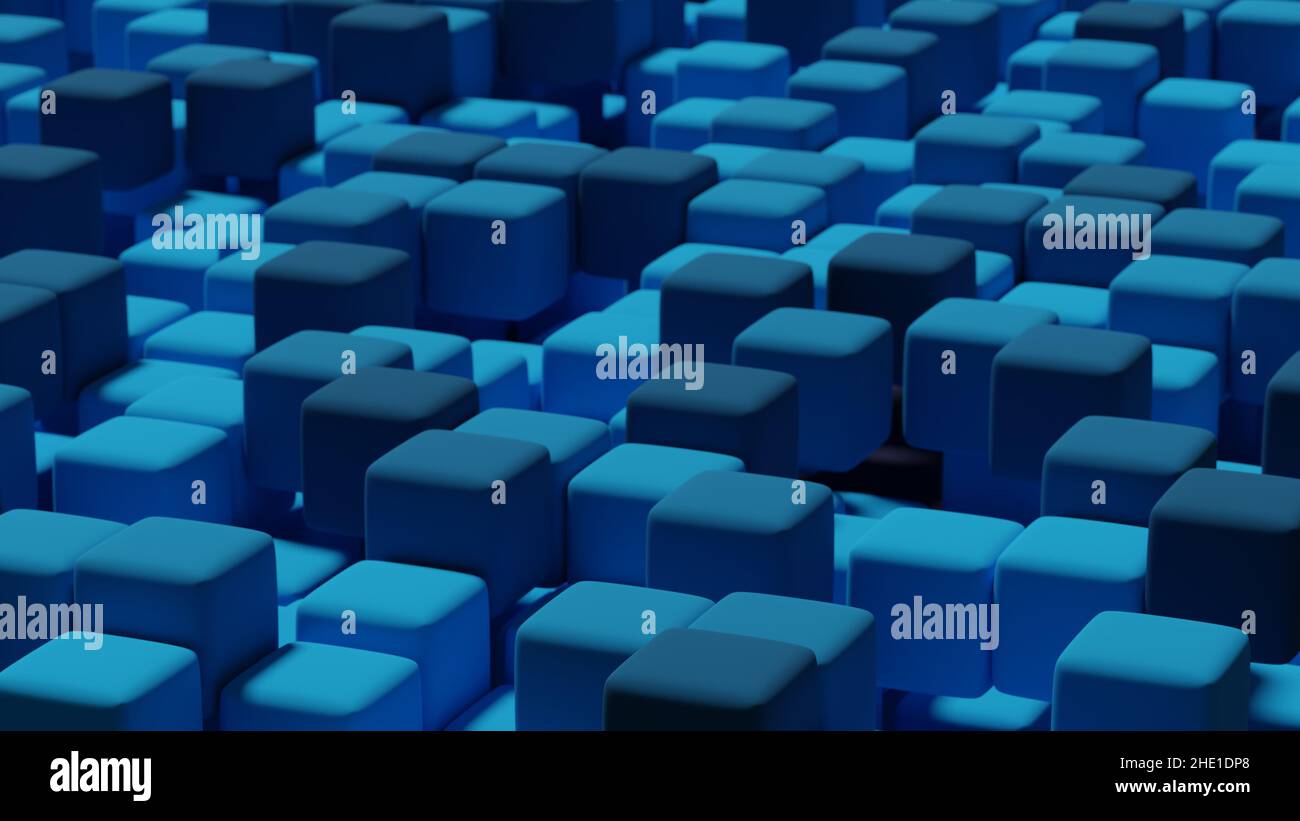 Abstract background with blue colored cubes. 3d render. Dark and light ...