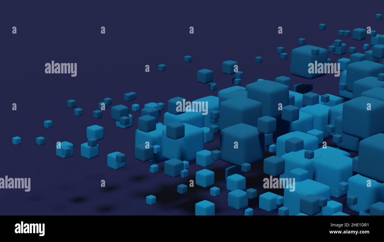 Blue matte cubes small and large on a dark purple background, abstract ...