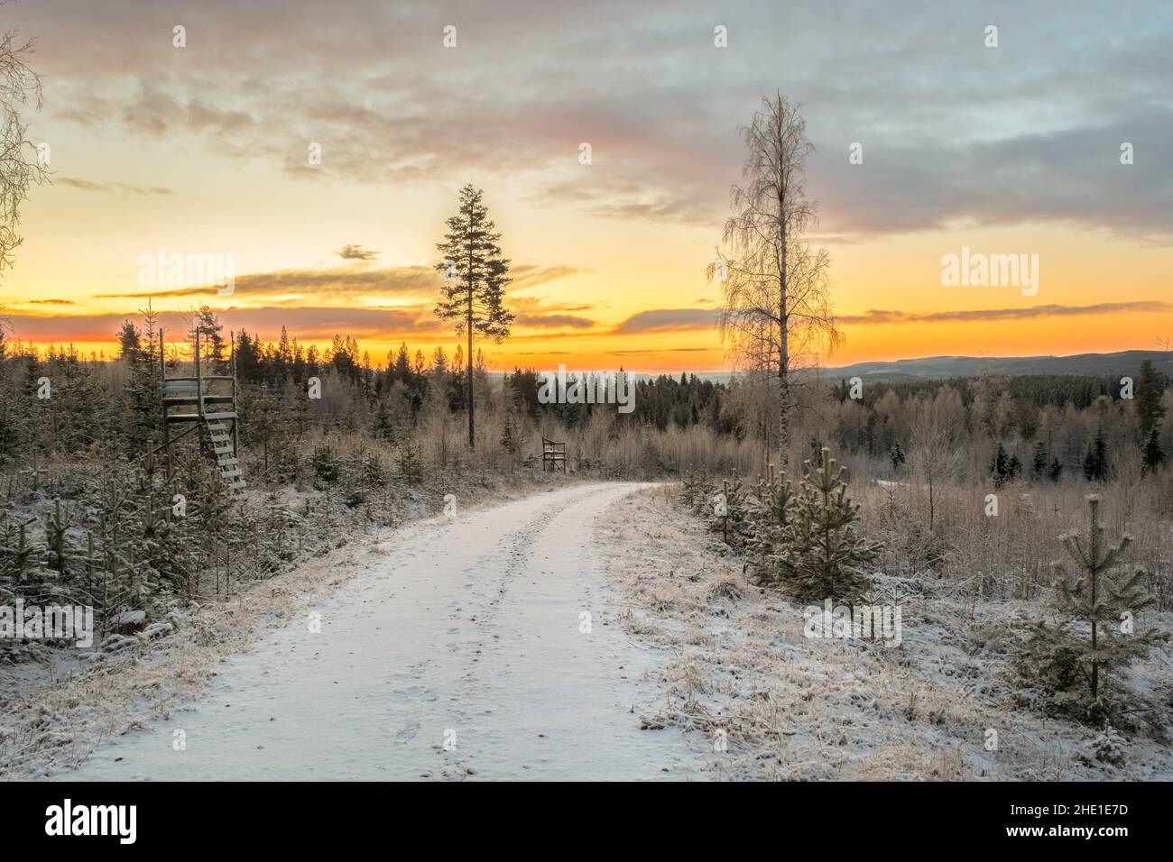 hunt towers in mountain winter landscape with sun rise Stock Photo - Alamy