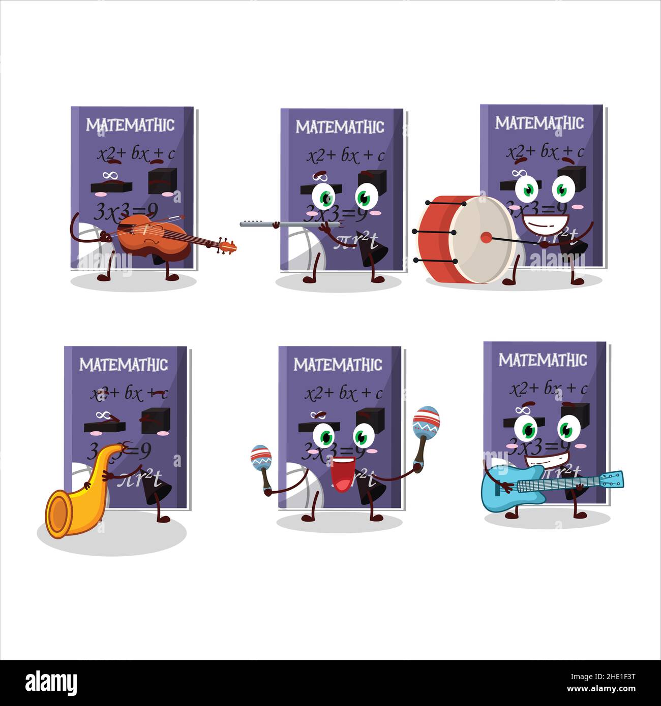 Cartoon character of matemathic book playing some musical instruments ...