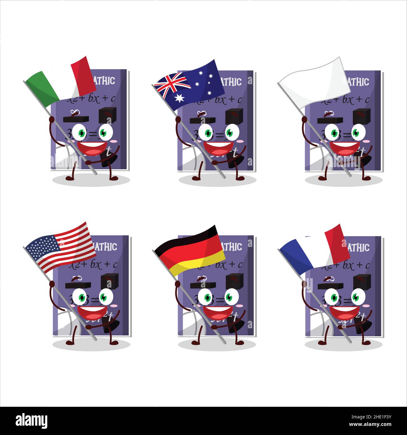 Matemathic Book Cartoon Character Bring The Flags Of Various Countries