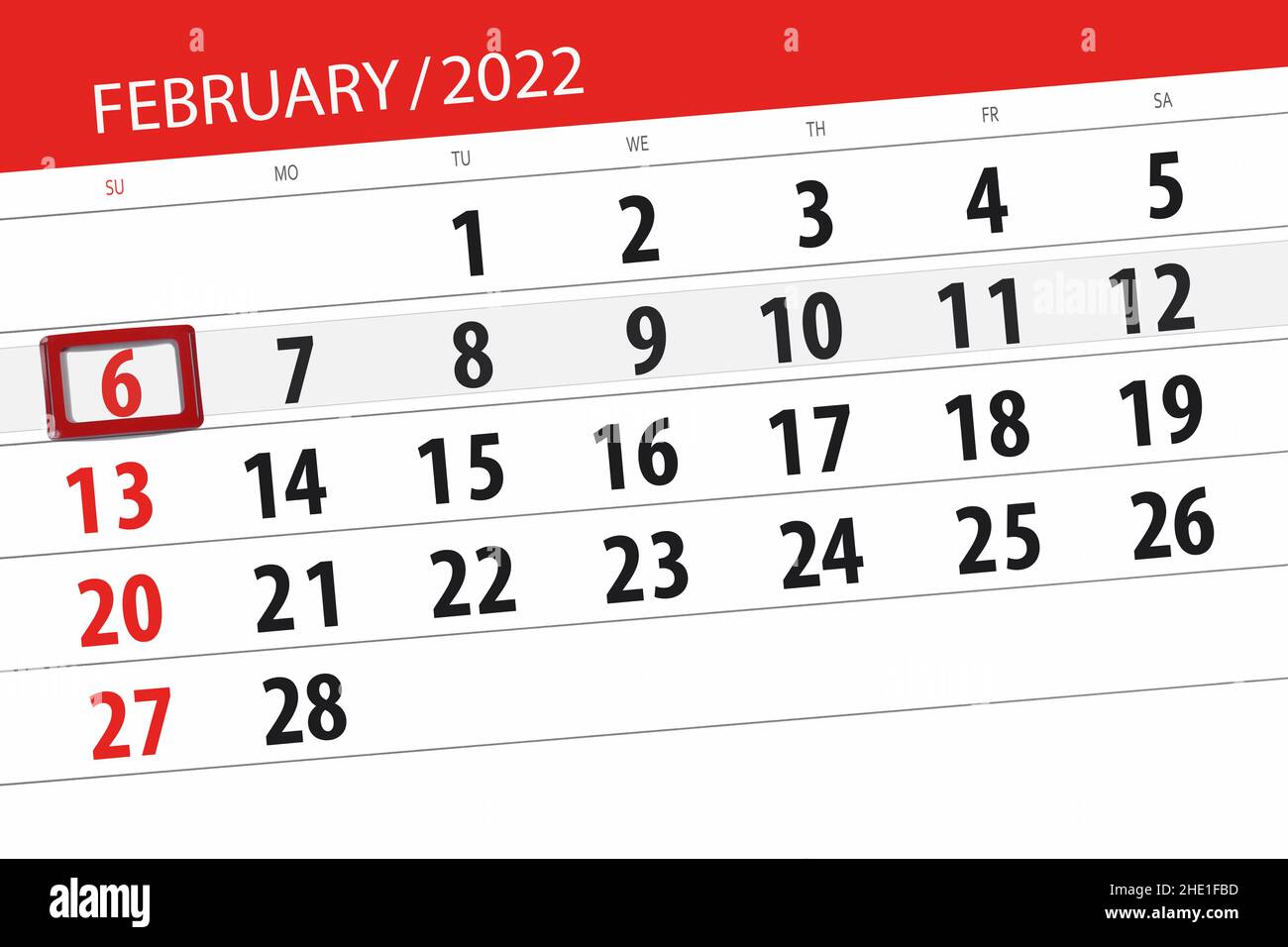 Calendar planner for the month february 2022, deadline day, 6, sunday ...