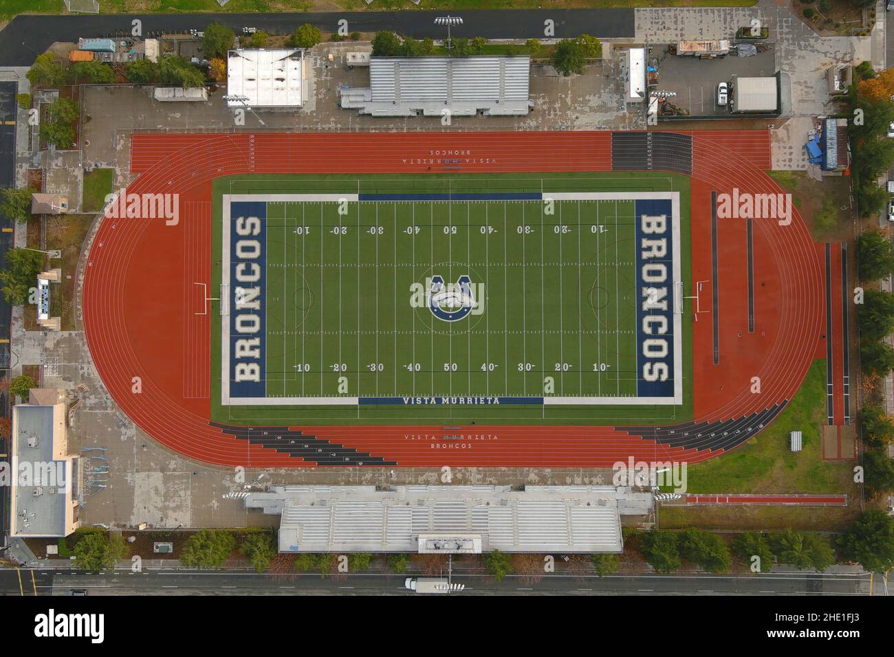 An aerial view of the football field and track at Vista Murrieta High ...