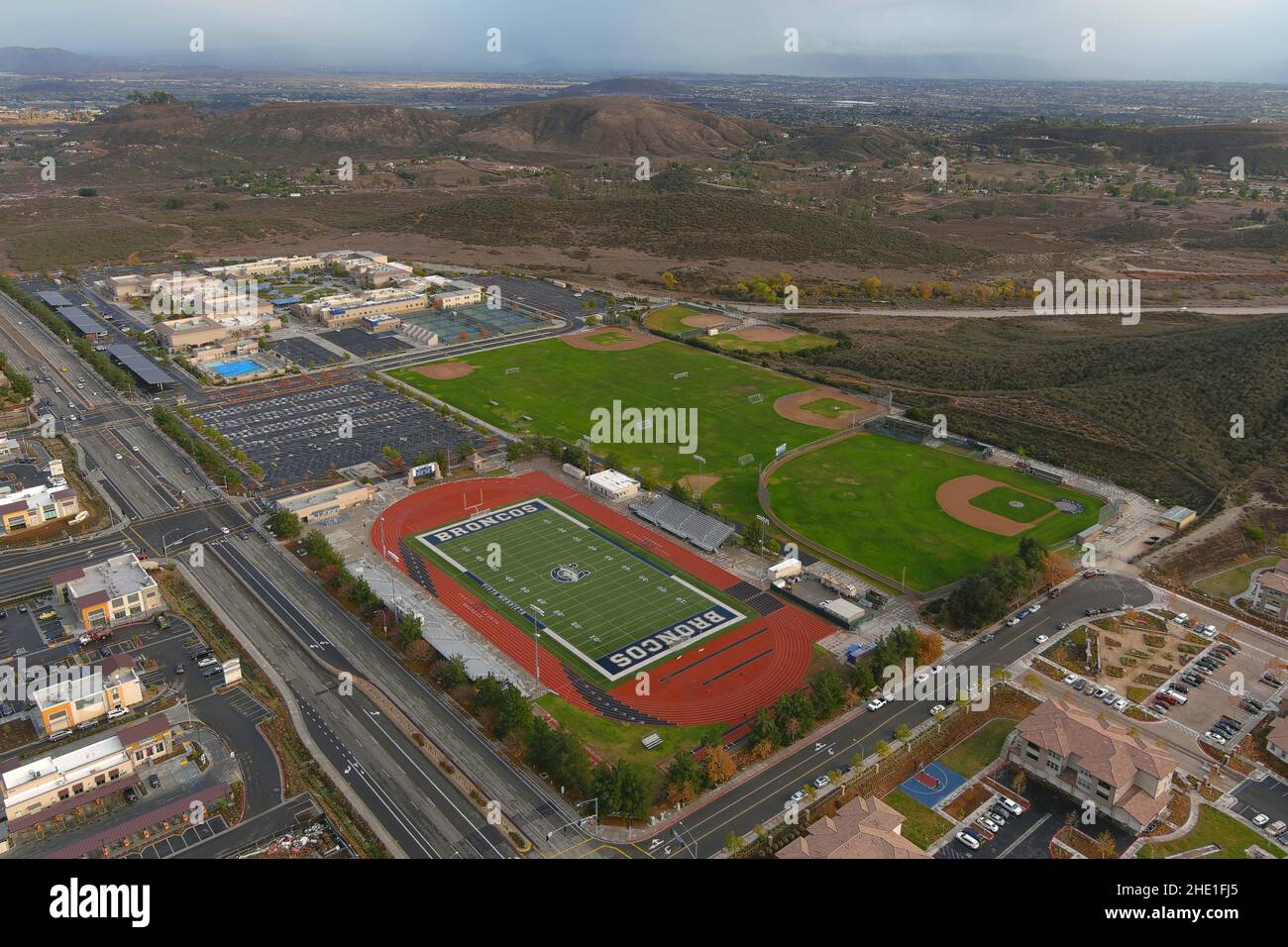 An aerial view of the football field and track at Vista Murrieta High School, Tuesday, Dec. 28 ...