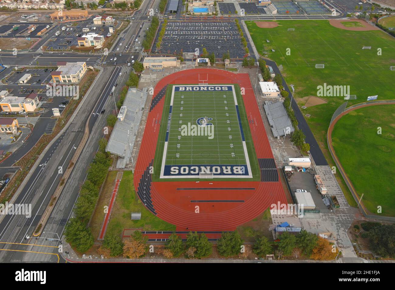 An aerial view of the football field and track at Vista Murrieta High ...