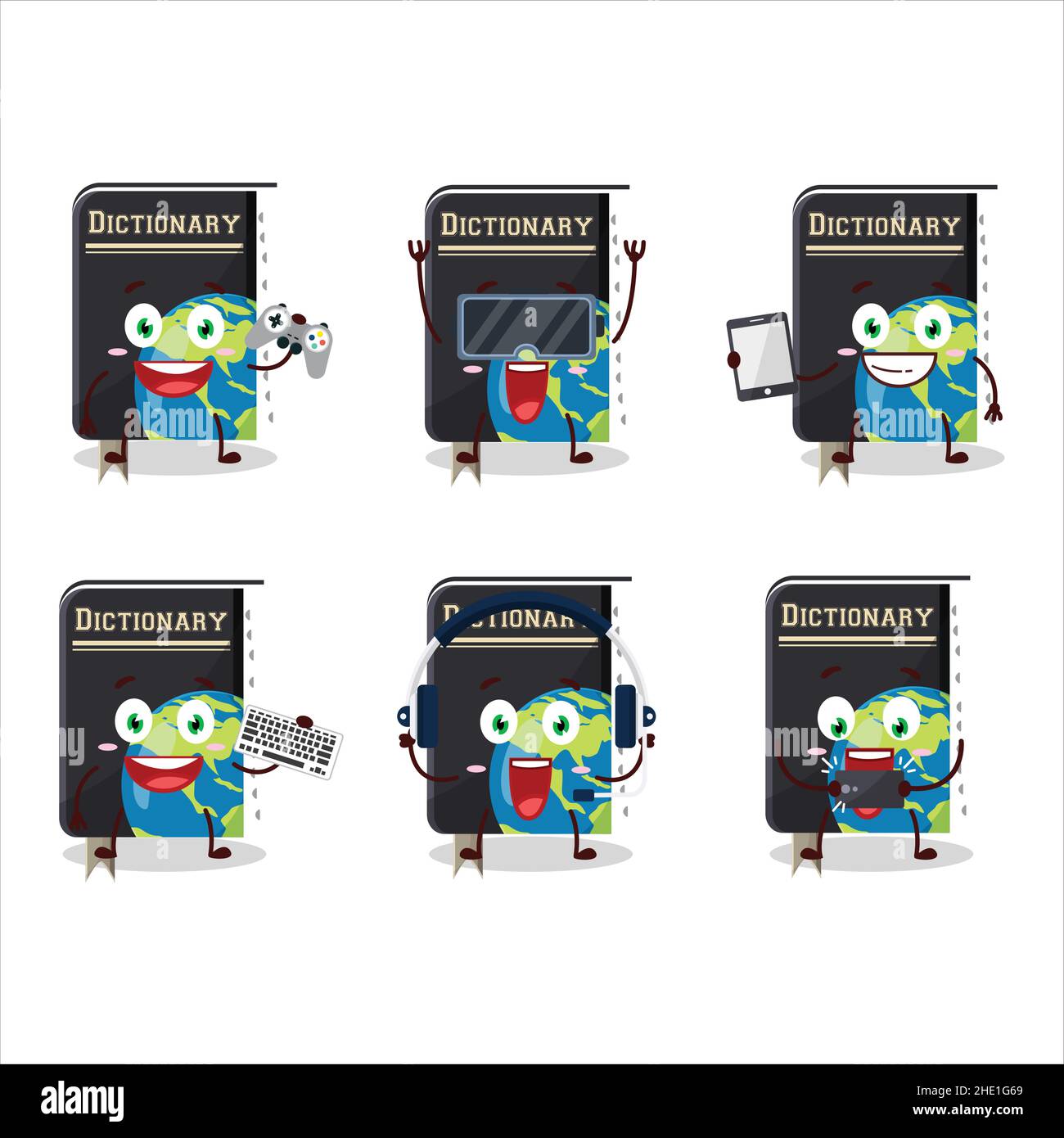 Dictionary book cartoon character are playing games with various cute ...
