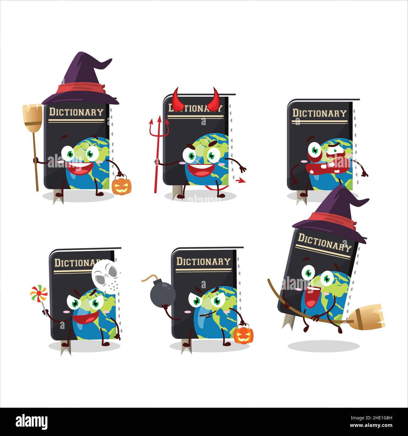 Halloween expression emoticons with cartoon character of dictionary ...