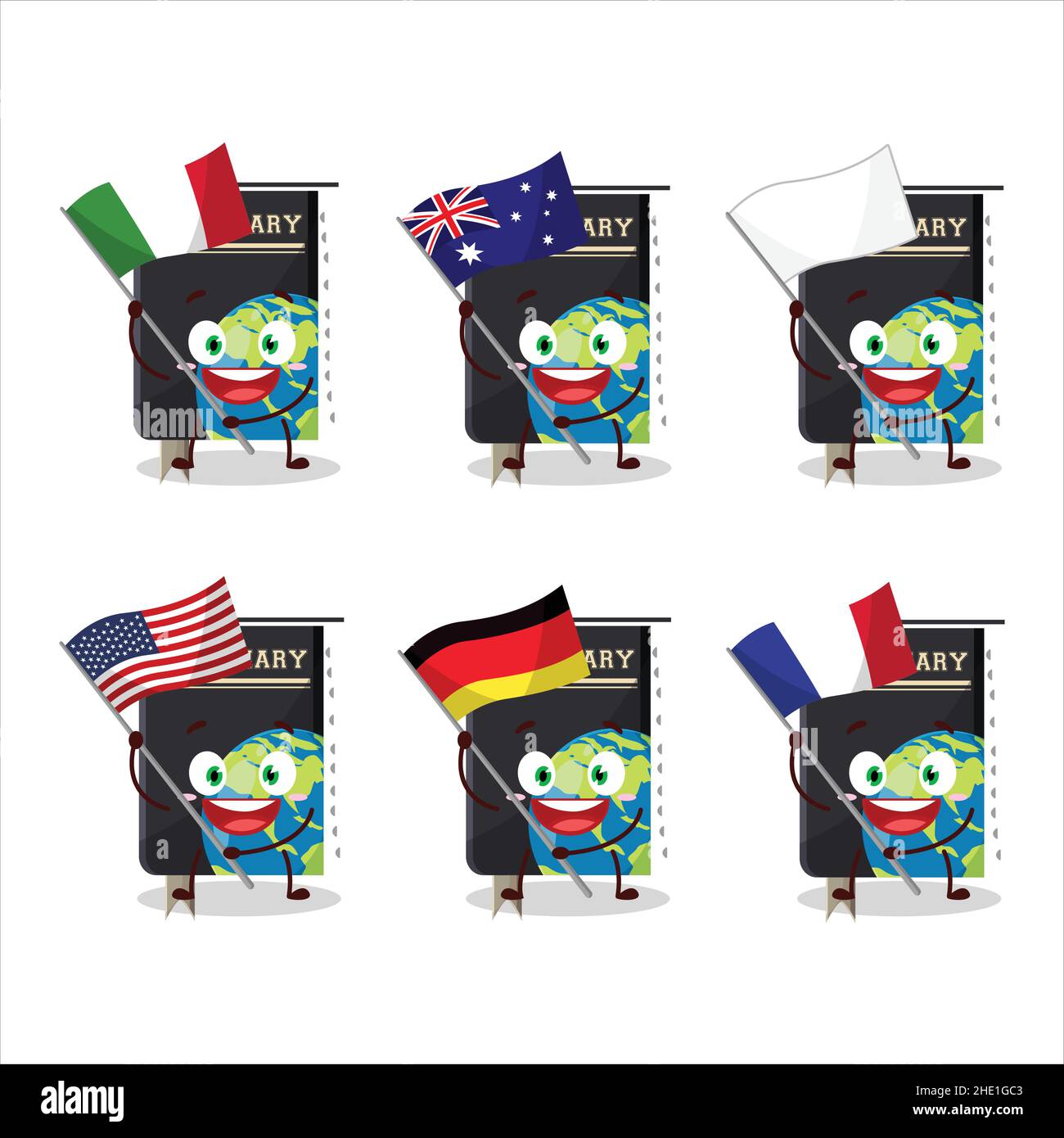 Dictionary book cartoon character bring the flags of various countries ...