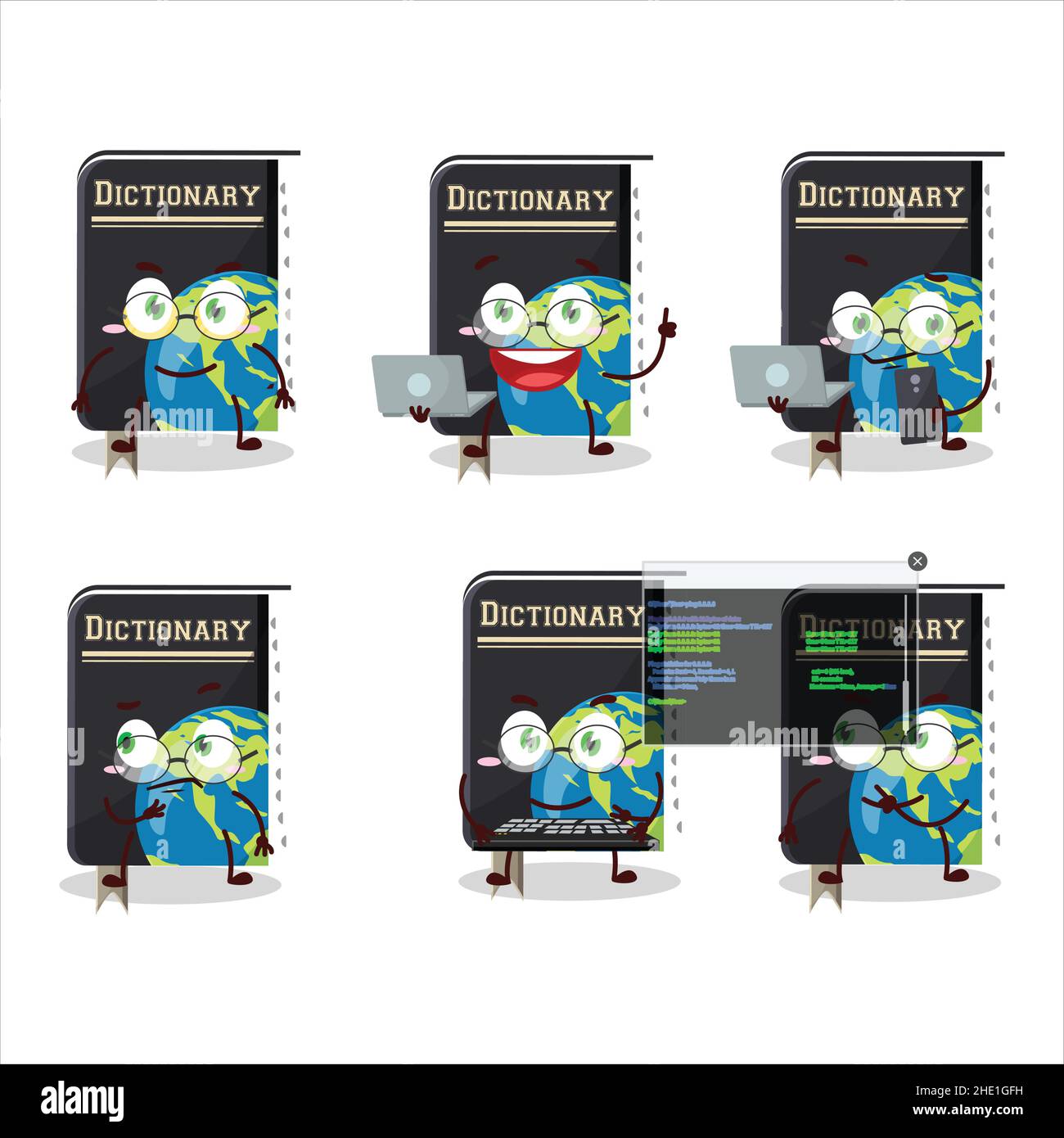 Dictionary book Programmer cute cartoon character with. Vector ...