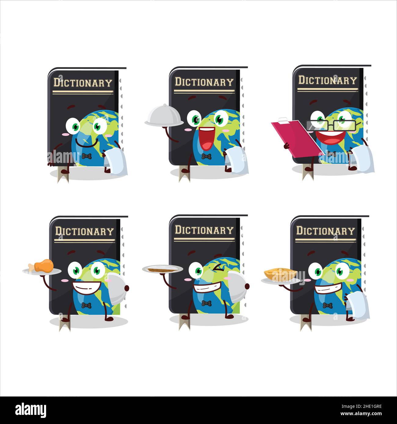 happy dictionary book waiter cartoon character holding a plate. Vector ...