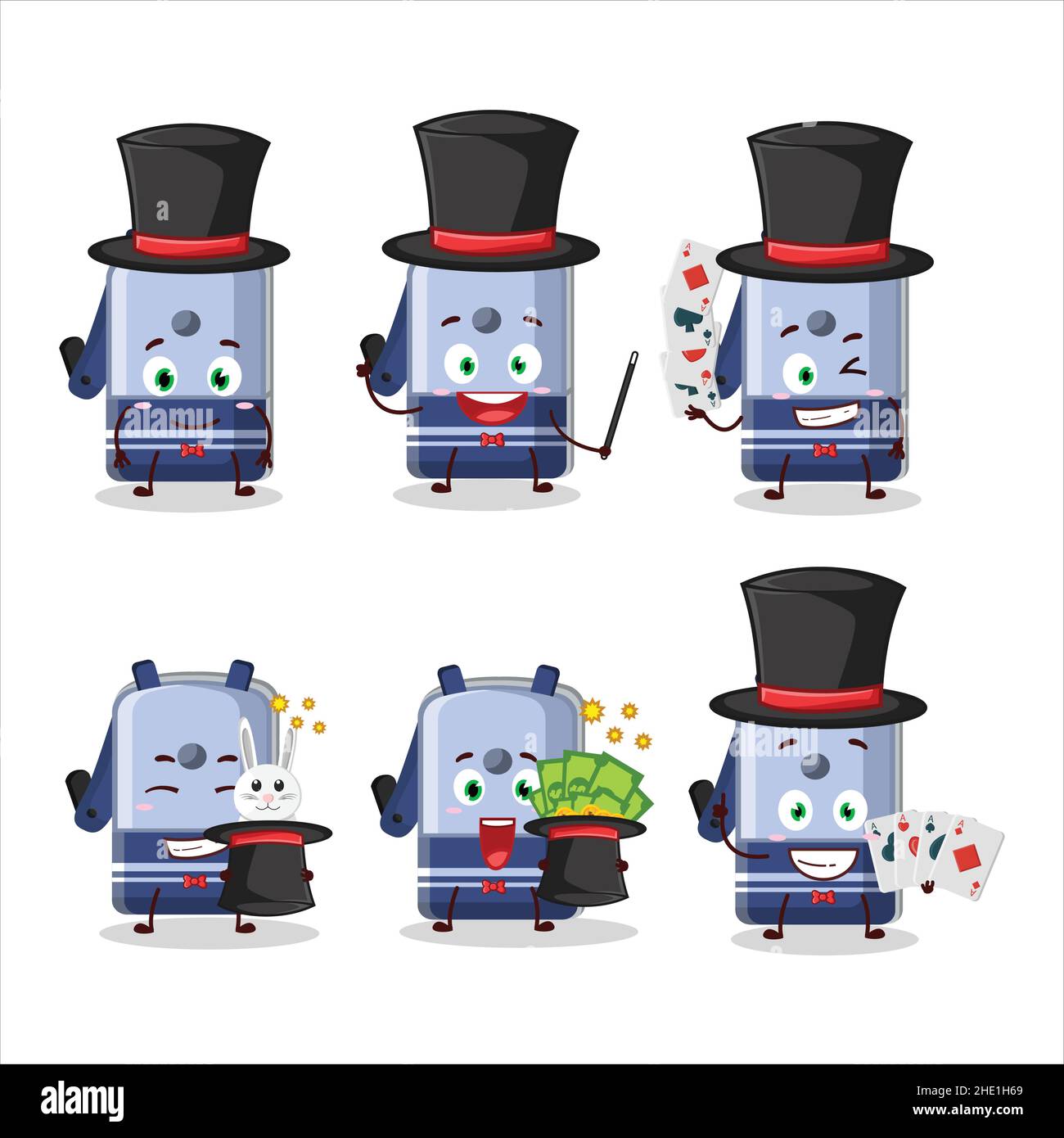 A blue pencil sharpener table Magician cartoon character perform on a ...