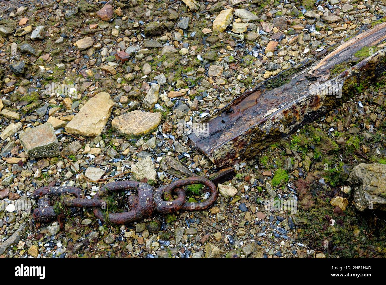 Old rusty ship chain lying on a rocky beach. Rusty large chain on a ...