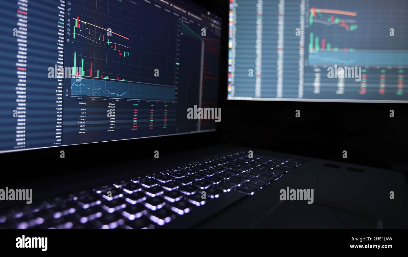 Laptop screen with stock market charts. Technical analysis and ...