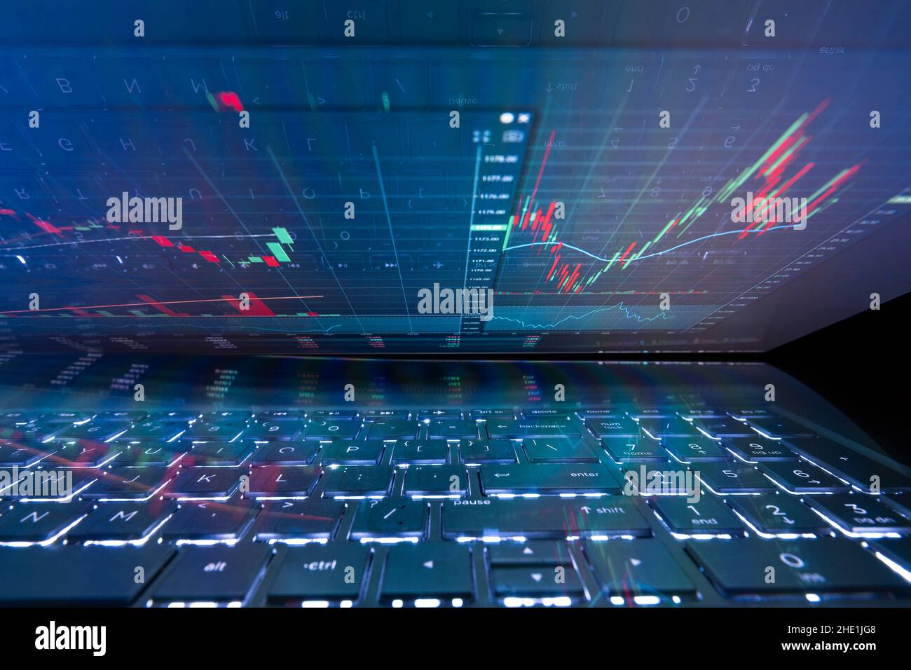 Laptop screen with stock market charts. Technical analysis and ...
