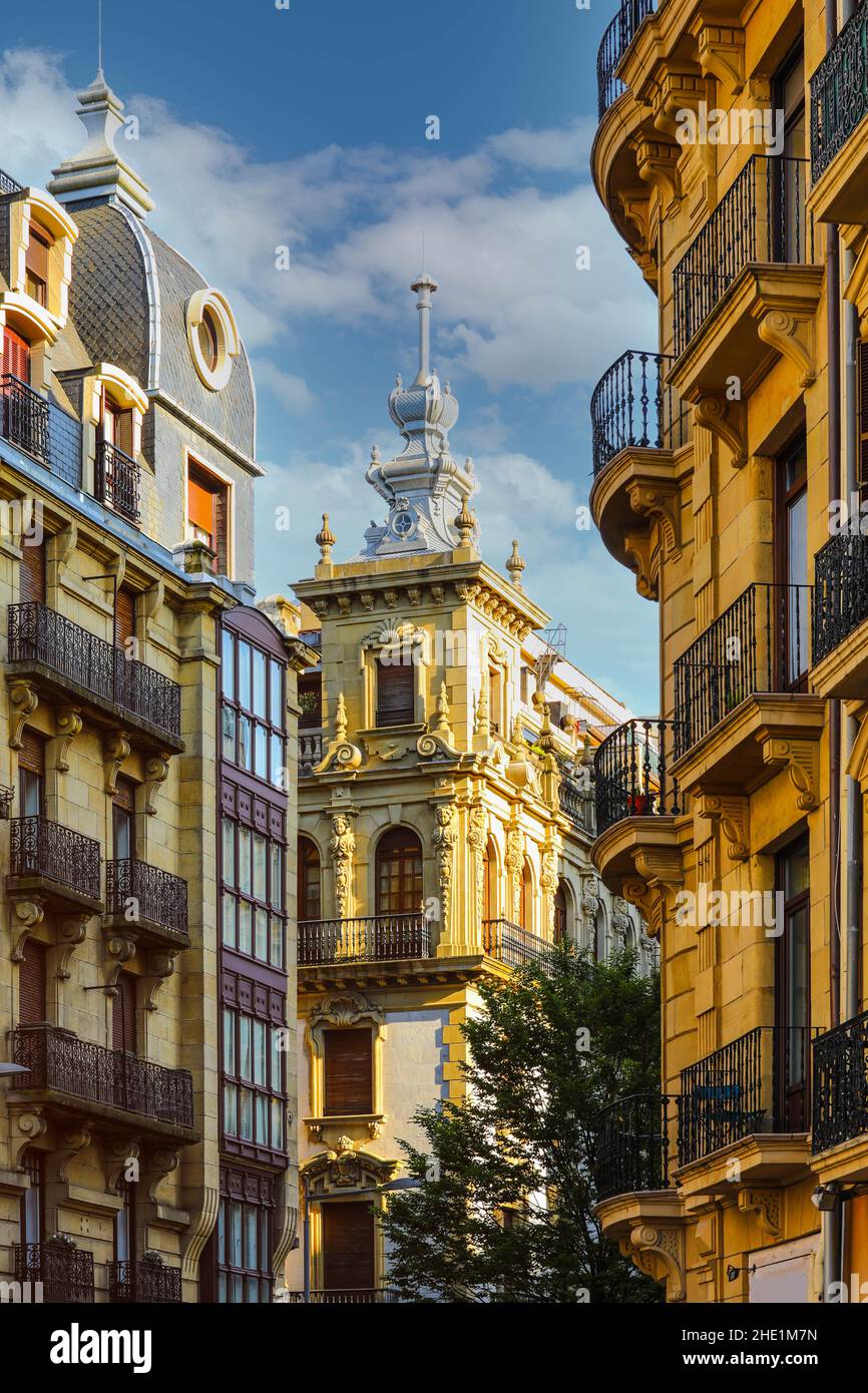 Facade of medieval buildings in the city center of San Sebastian Basque ...