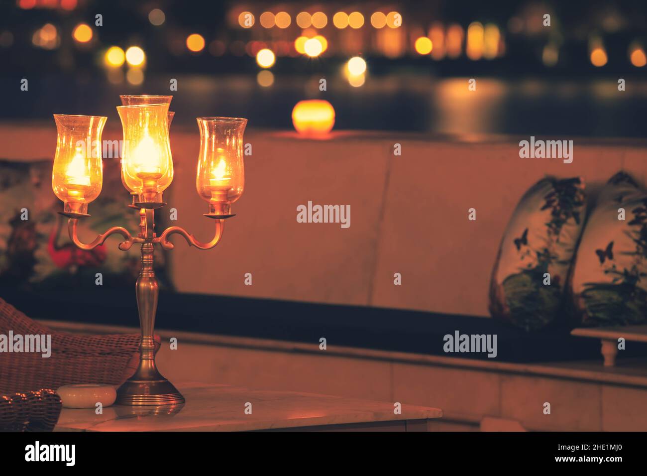 Romantic candle light dinner on table with bokeh background, Romantic ...